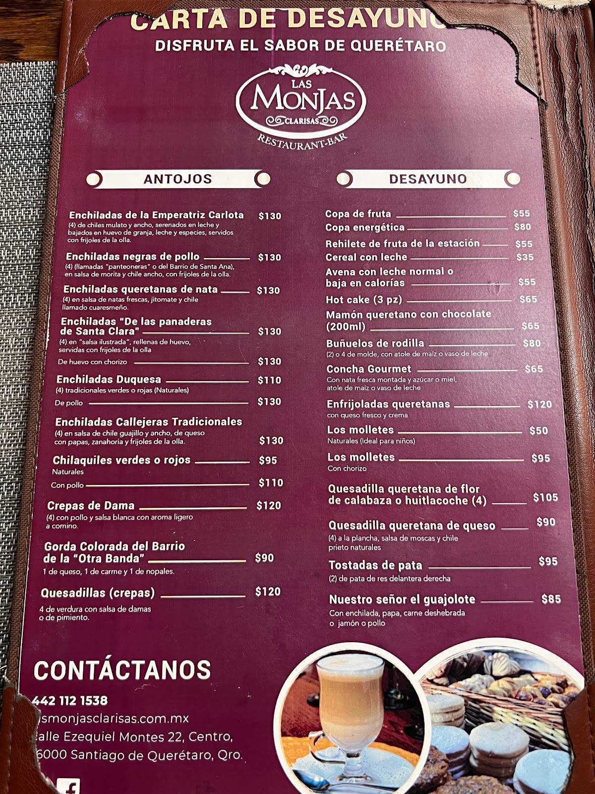 Carta de Restaurante Las Monjas, Santiago de Querétaro