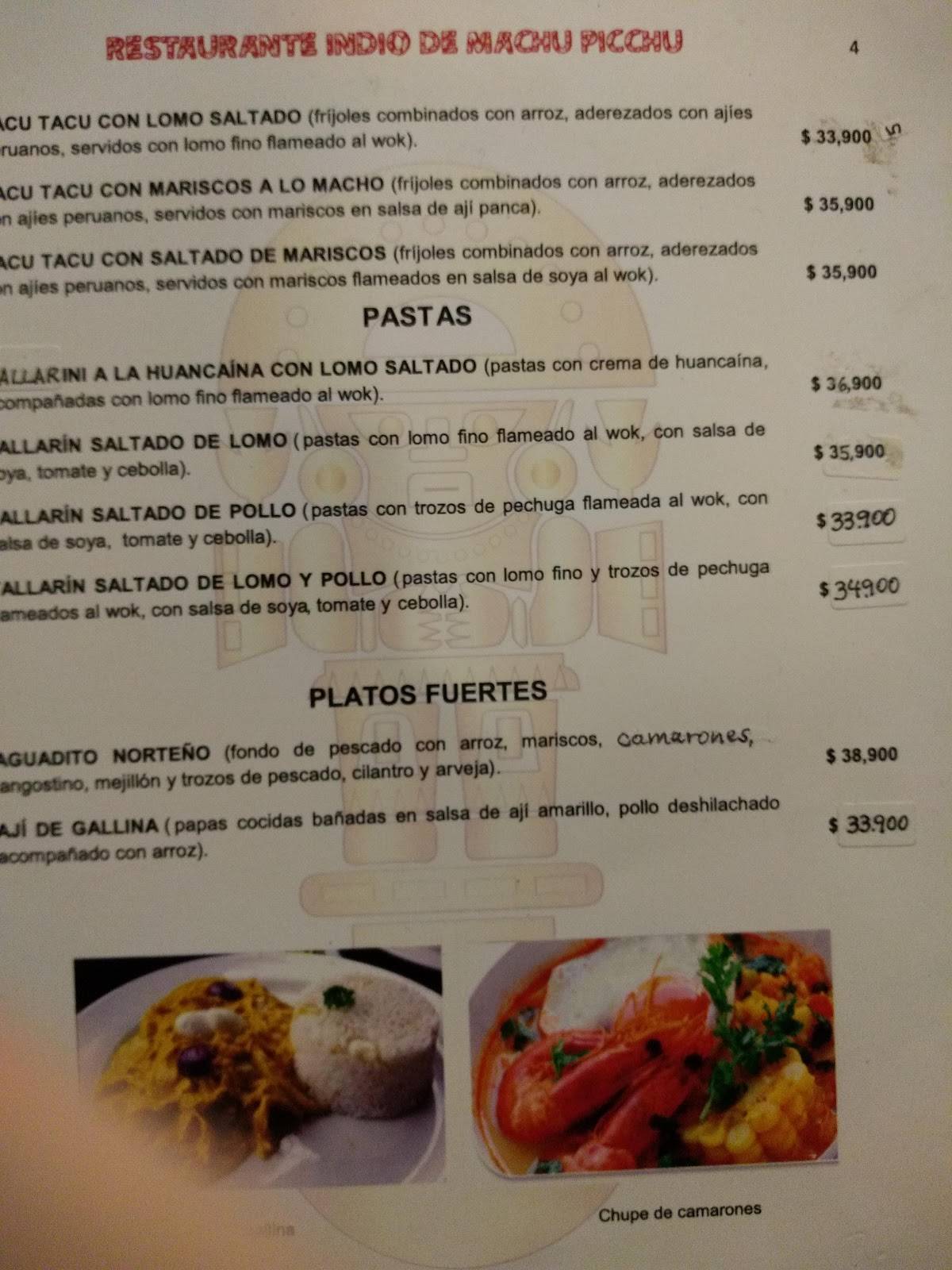 Carta de Restaurante Peruano - El Indio de Machu Picchu, Bogotá