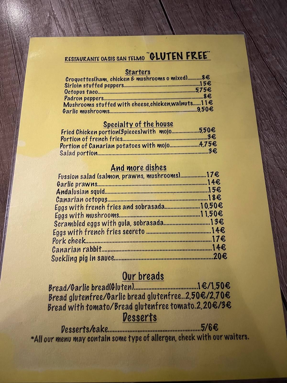 Menu at Restaurante OASIS SAN TELMO GLUTEN FREE, Los Cristianos