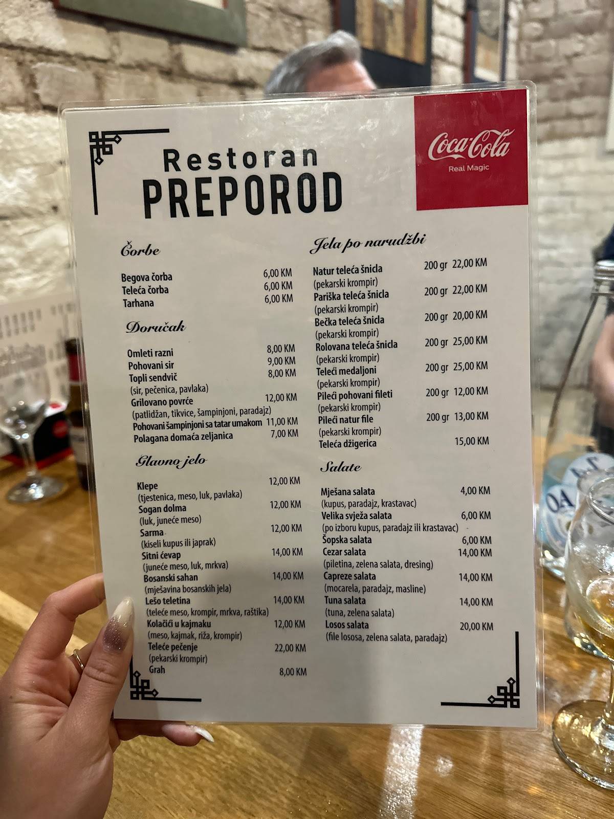 Menu at Restoran Preporod restaurant, Sarajevo