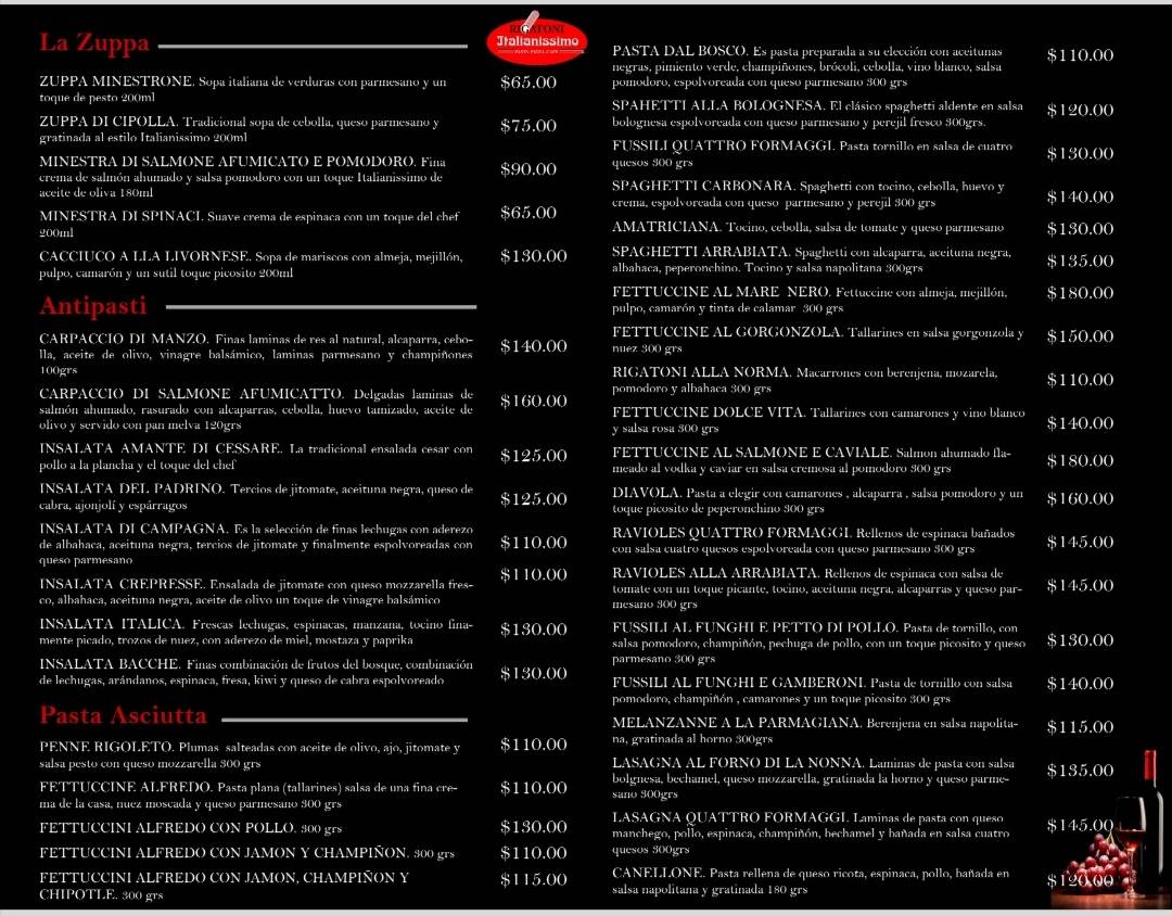 Carta del restaurante Rigatoni Italianissimo Satélite, Naucalpan del Juárez