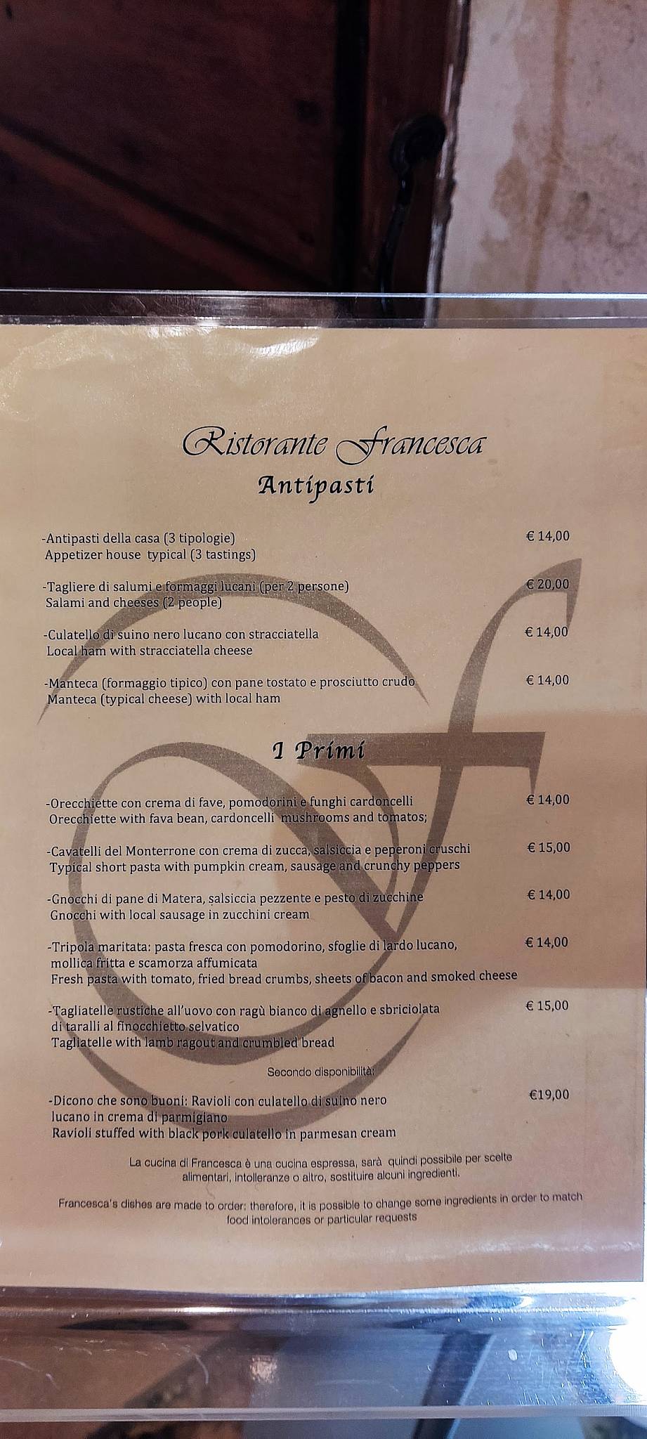 Menu at Ristorante Francesca, Matera