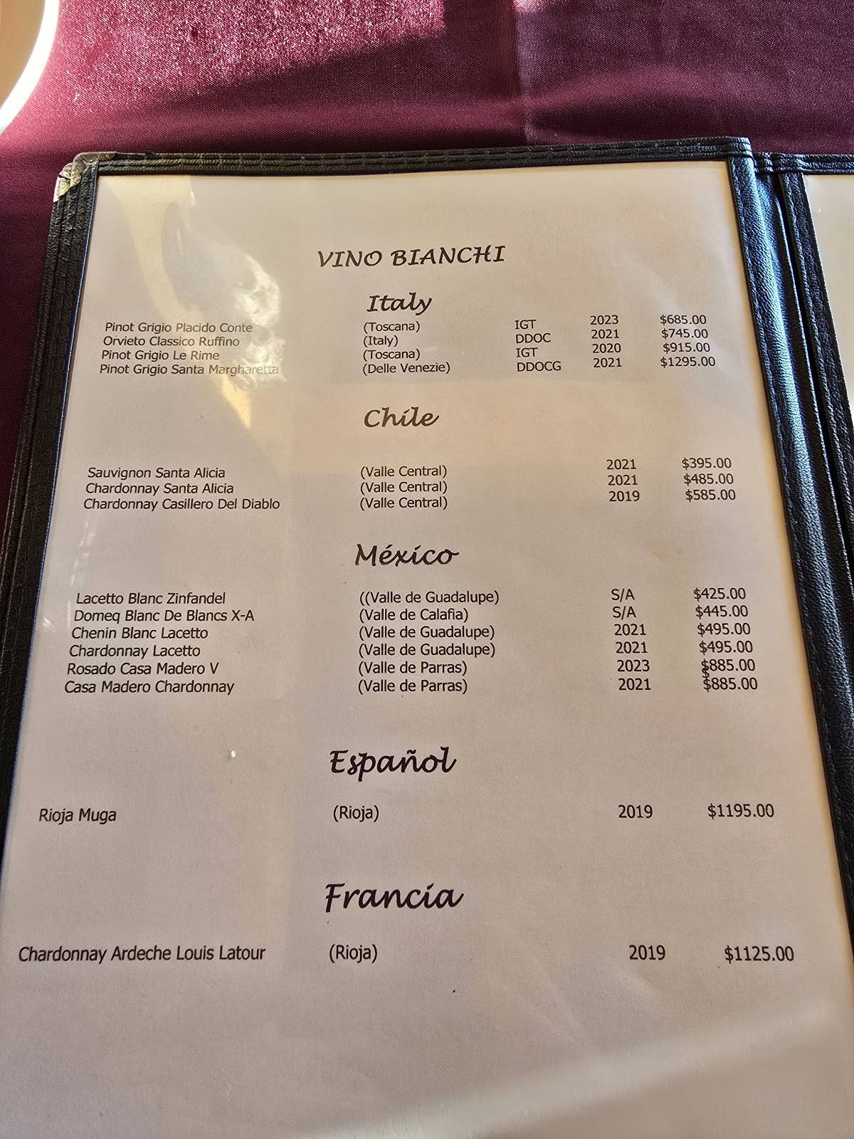 Menu at Ristorante il Mare restaurant, Zihuatanejo
