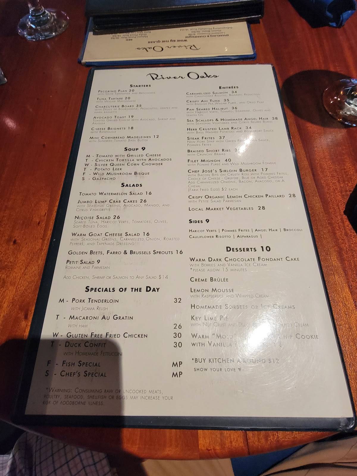 Menu at River Oaks Restaurant, Memphis