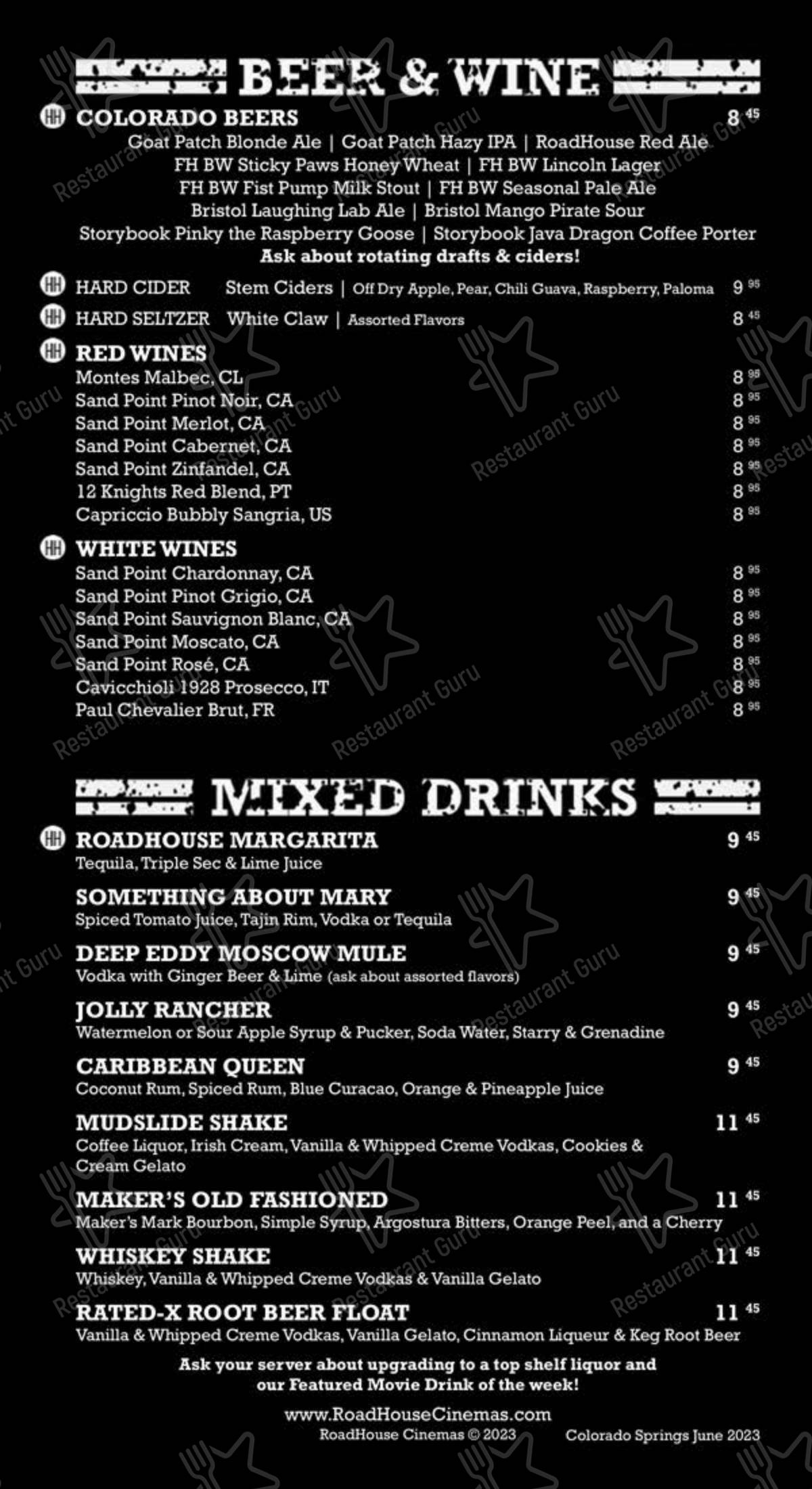 Menu at RoadHouse Cinemas Colorado Springs restaurant, Colorado Springs