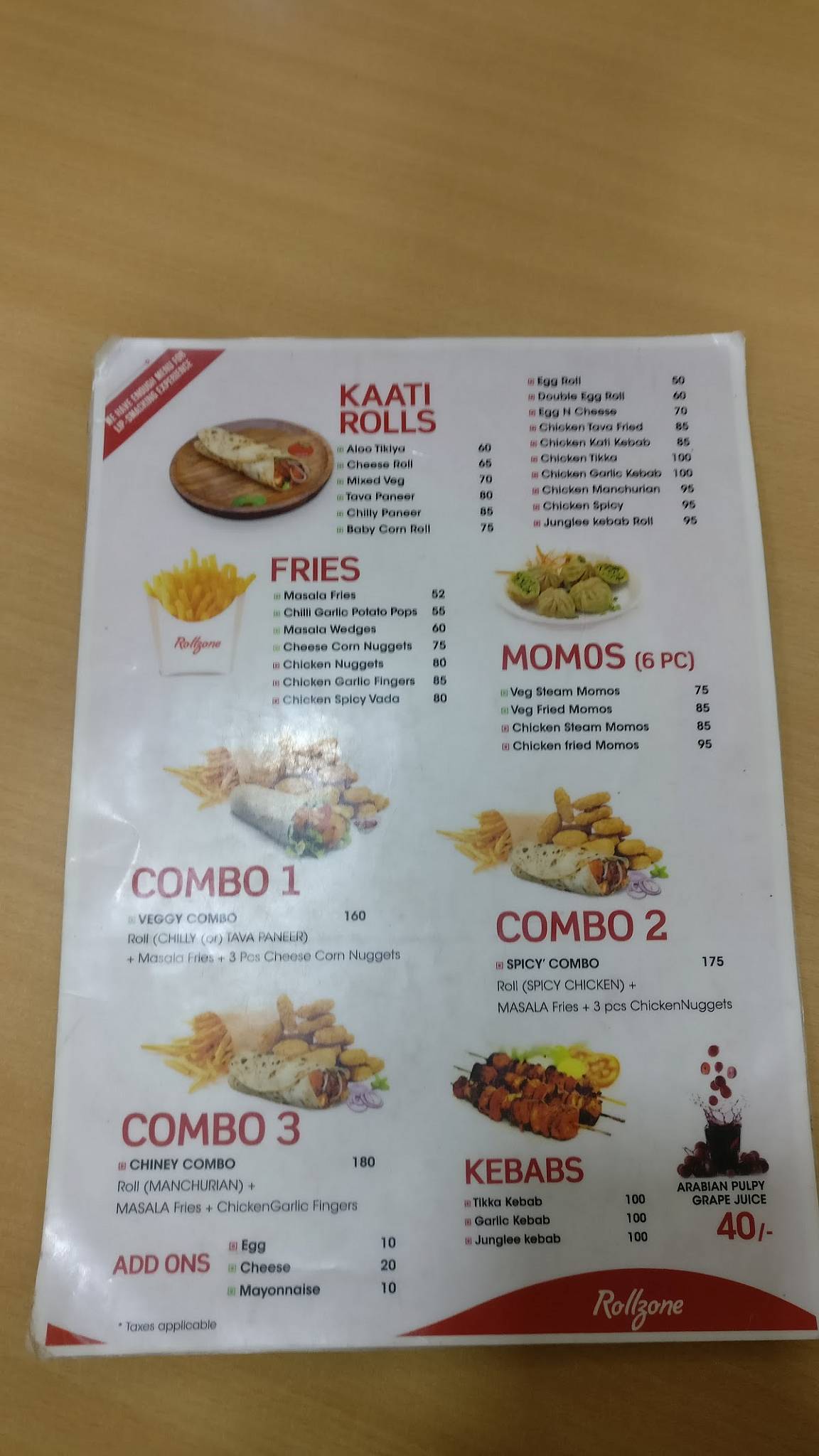Menu at Roll Zone, Hyderabad, Yashoda Plaza