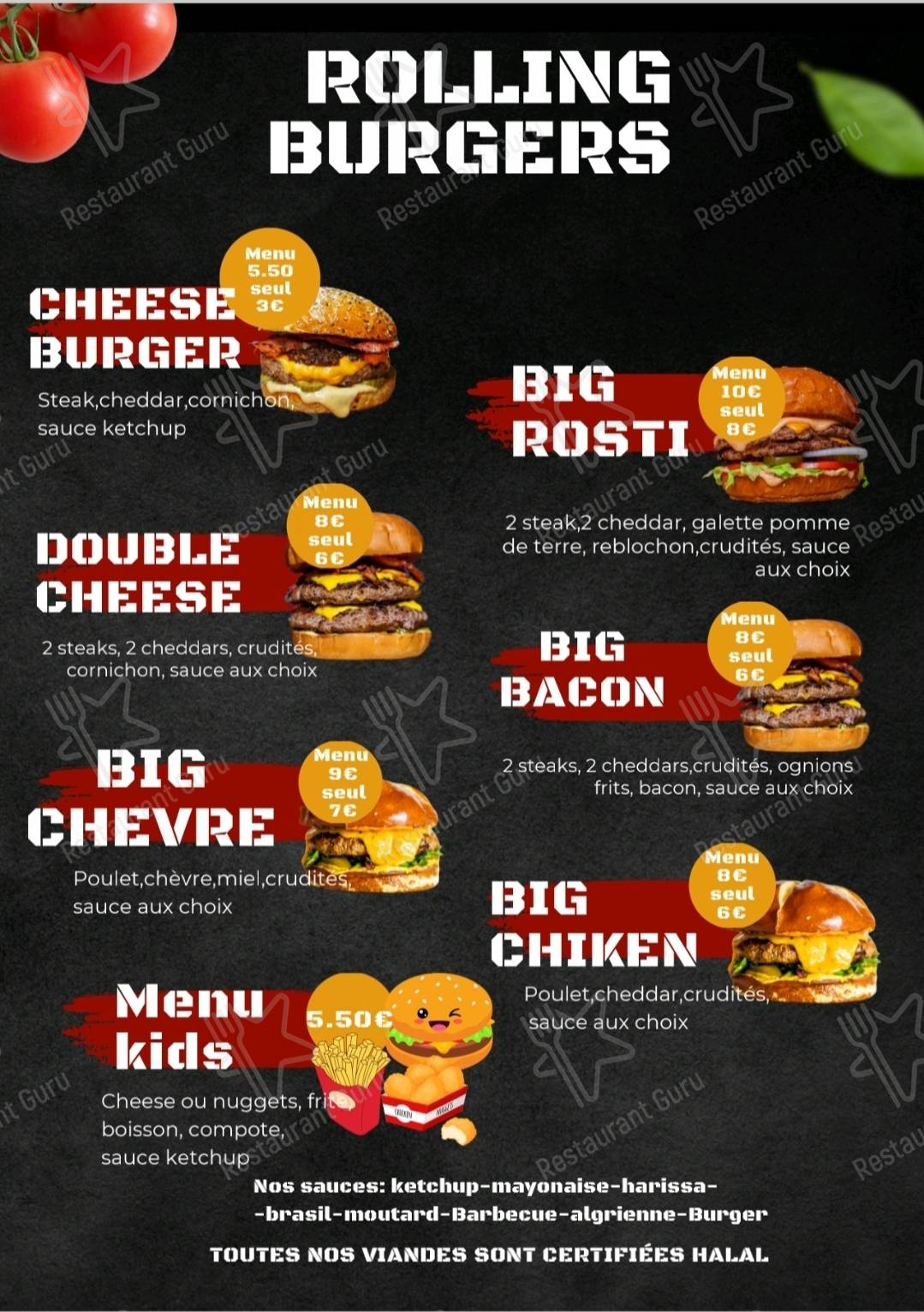 Carta del restaurante Rolling Food Tacos Burger Nice, Niza