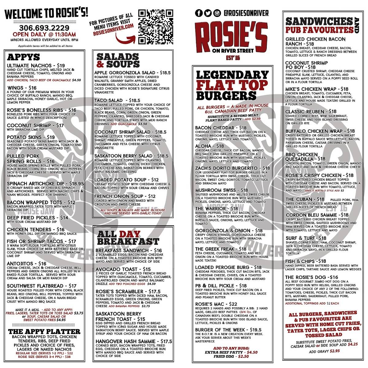 Menu at Rosie's on River Street restaurant, Moose Jaw