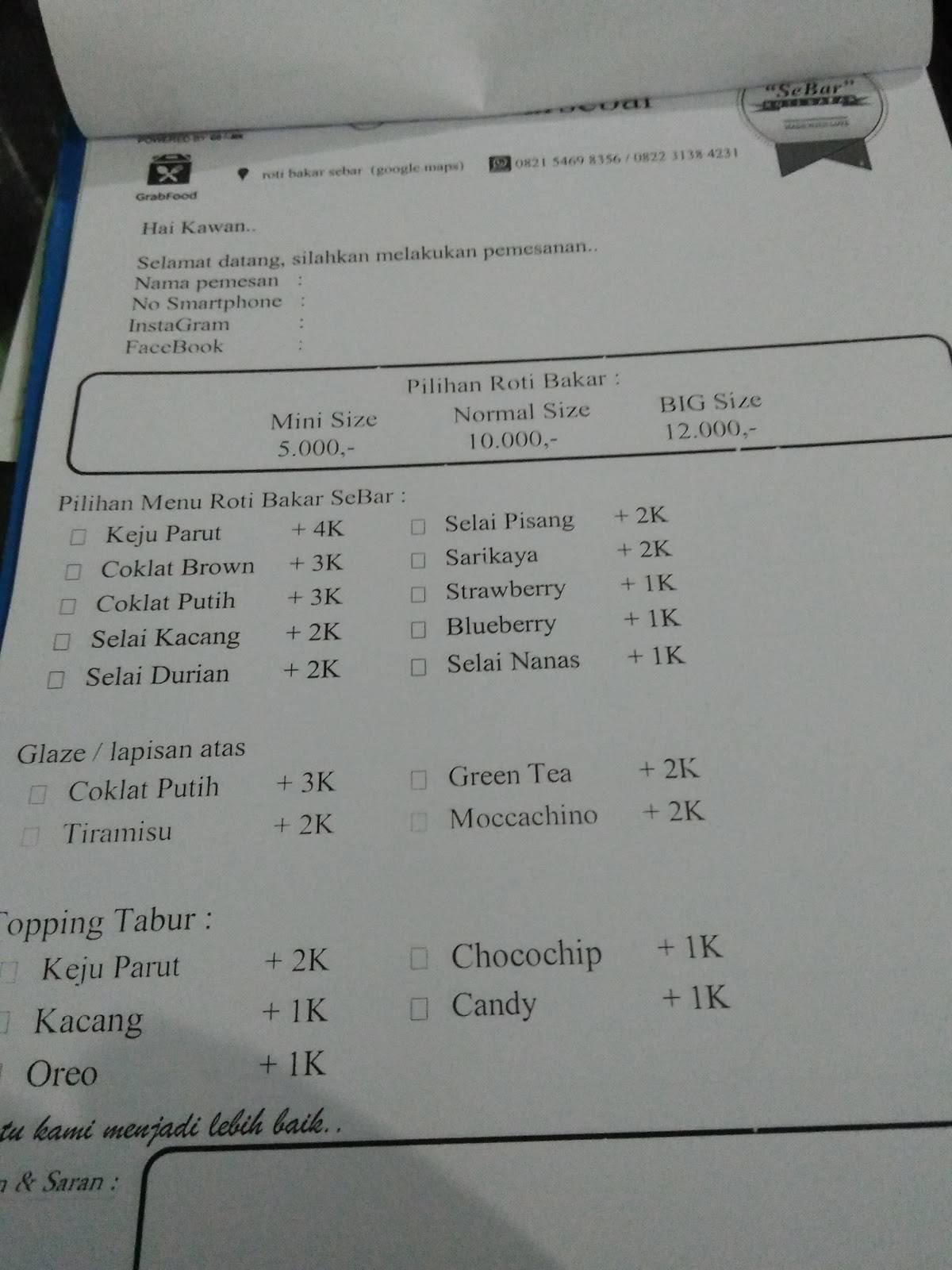 Menu at Roti Bakar SeBar, Malang