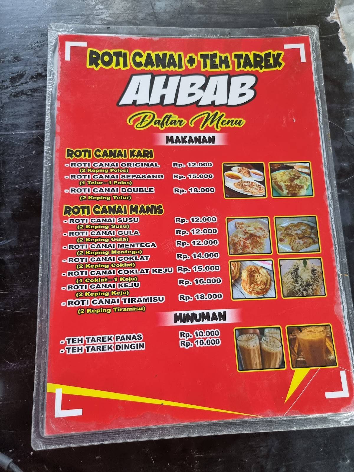 Menu at Roti Canai & Teh Tarek Ahbab restaurant, Pekanbaru