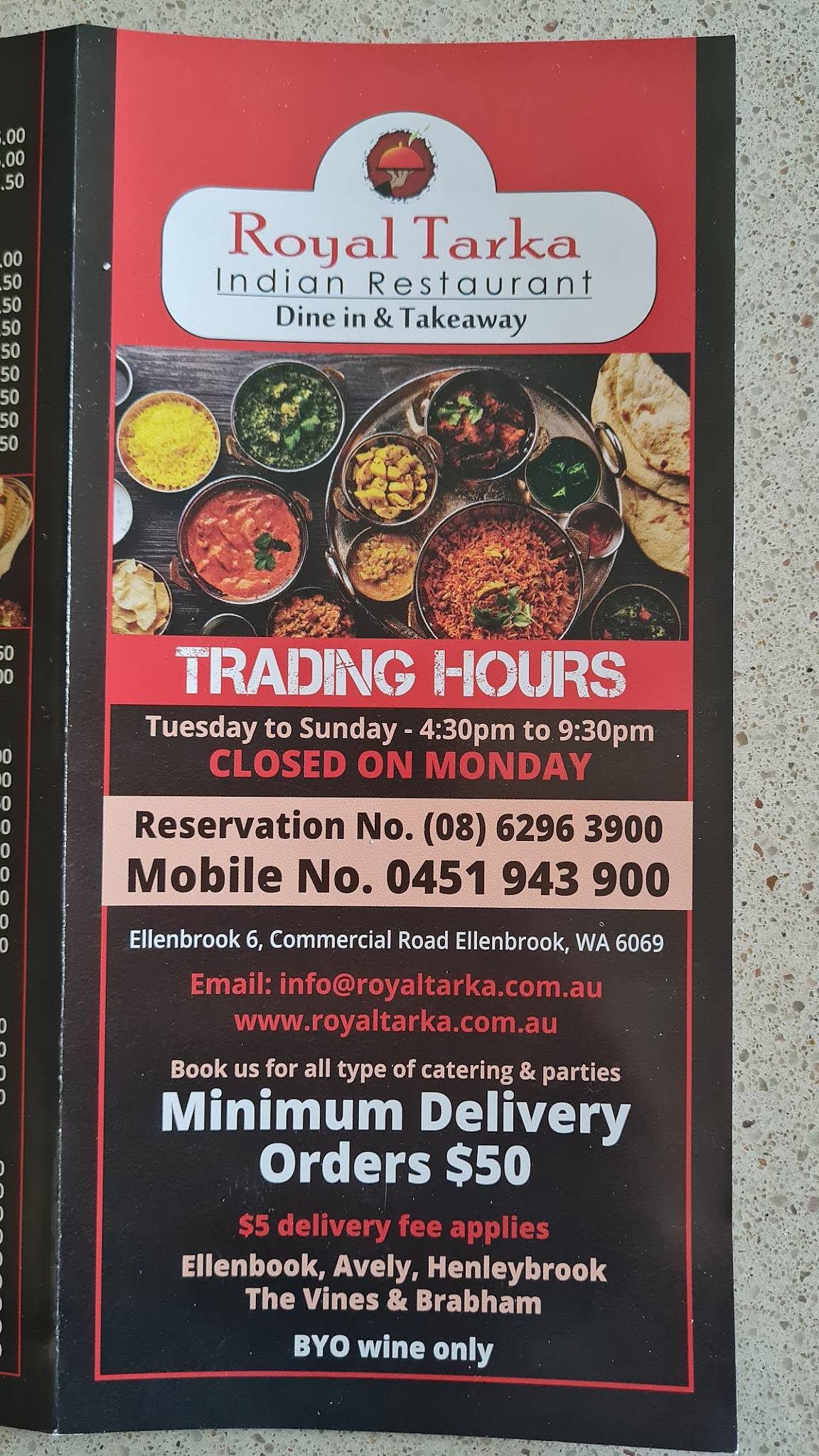 Menu at Royal Tarka Indian Restaurant, Ellenbrook