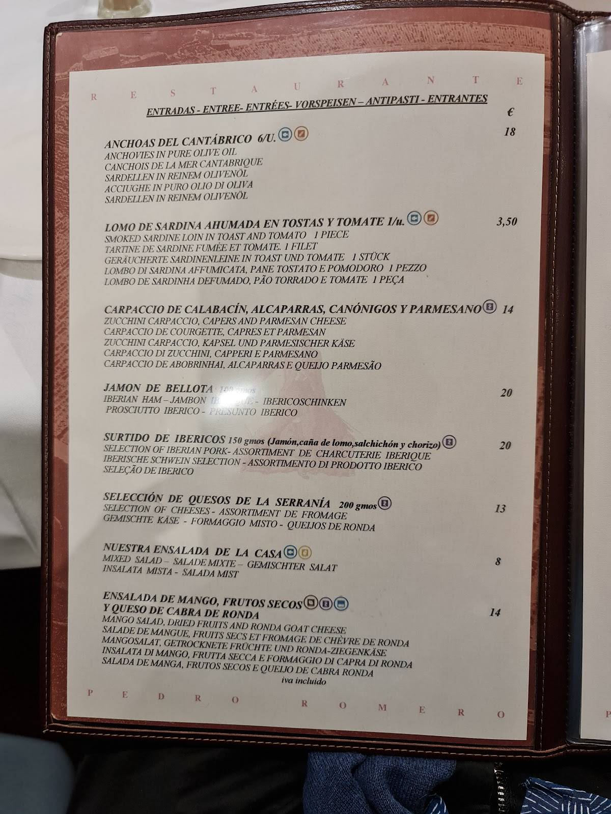 Menu at Rte. Pedro Romero Ronda restaurant, Ronda