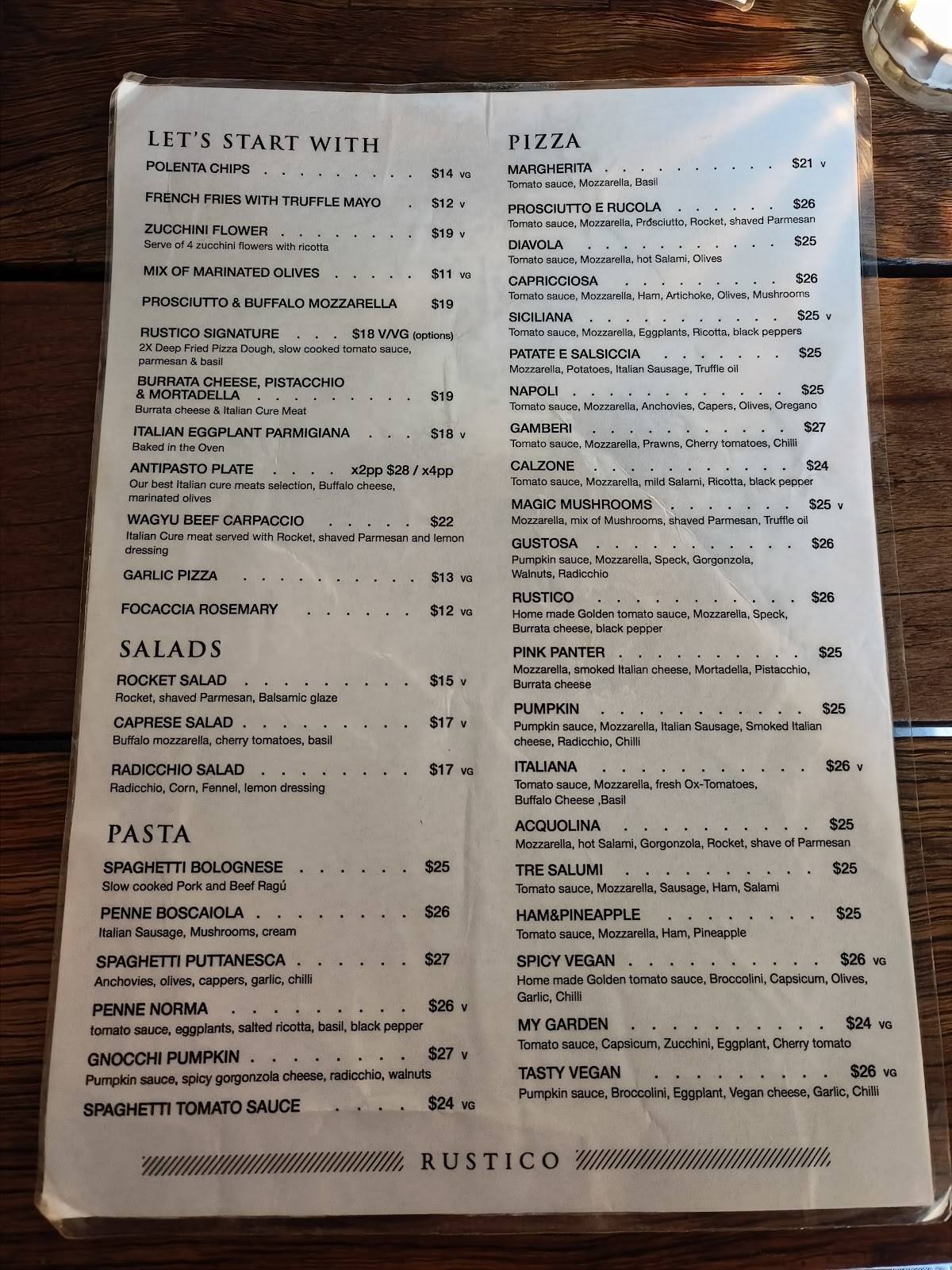 Menu at Rustico restaurant, Katoomba