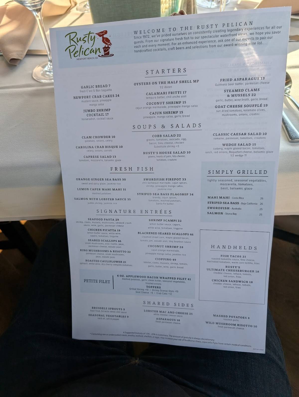 Menu at Rusty Pelican restaurant, Newport Beach, West Coast Hwy