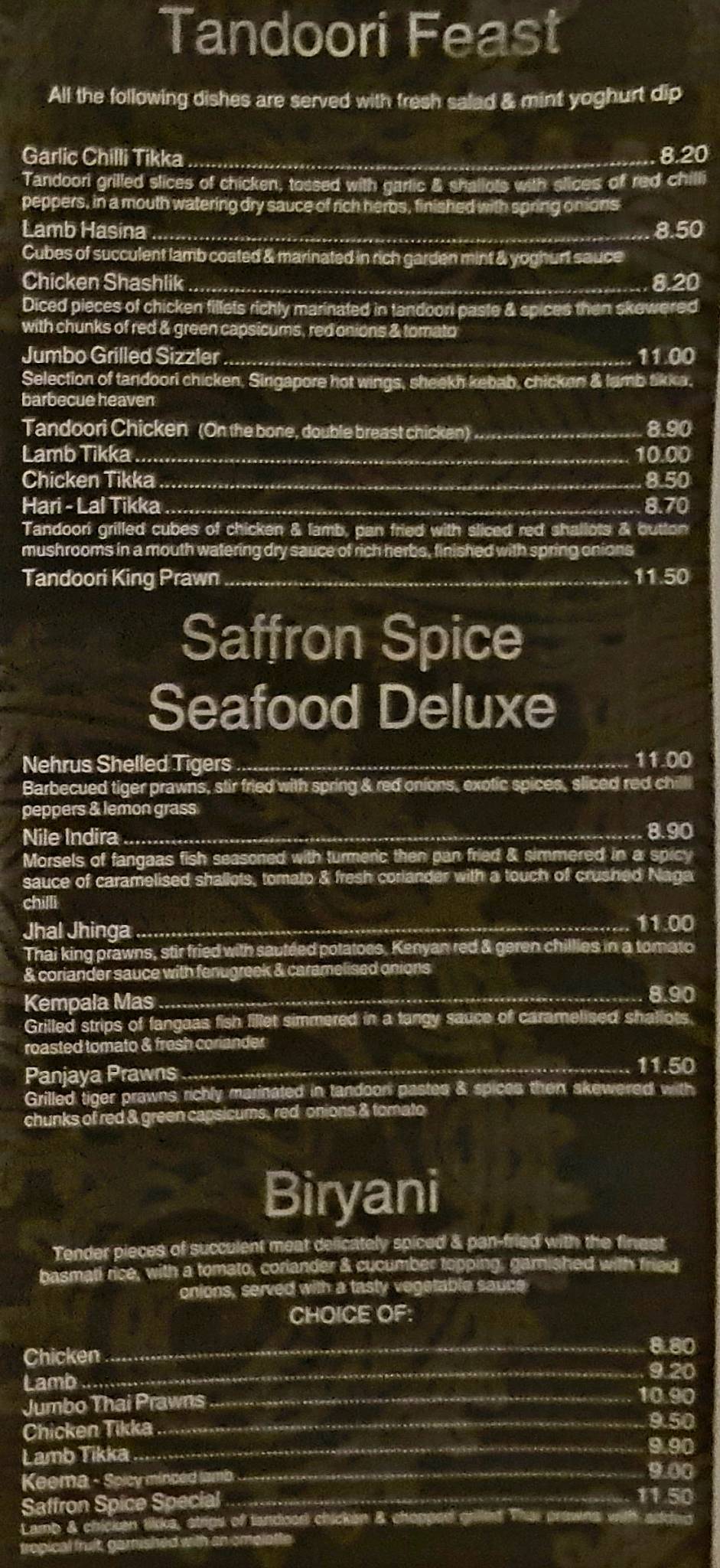 Menu at Saffron Lounge restaurant, Sheffield, 1 Wortley Rd