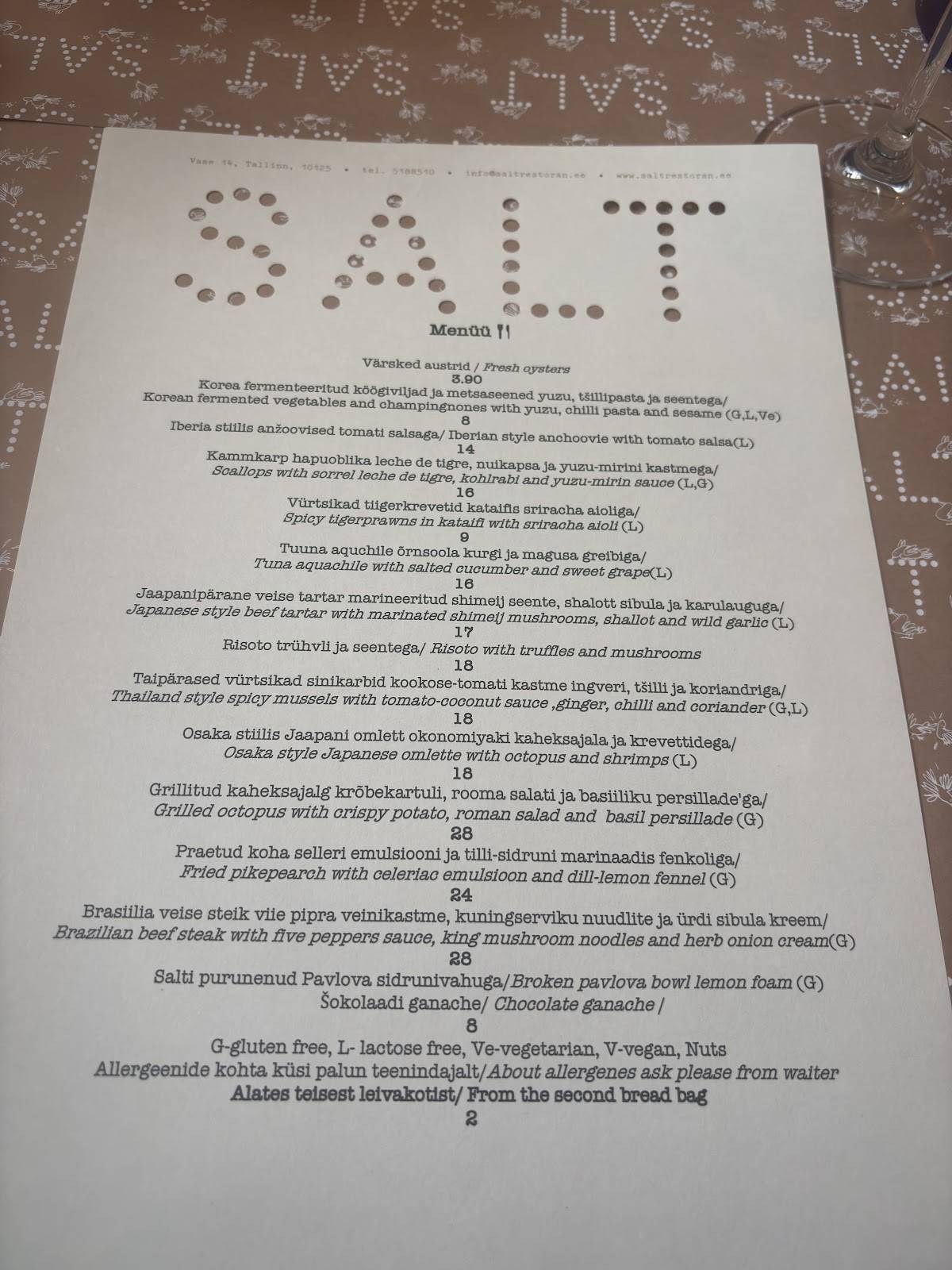 Menu at Restaurant Salt, Tallinn