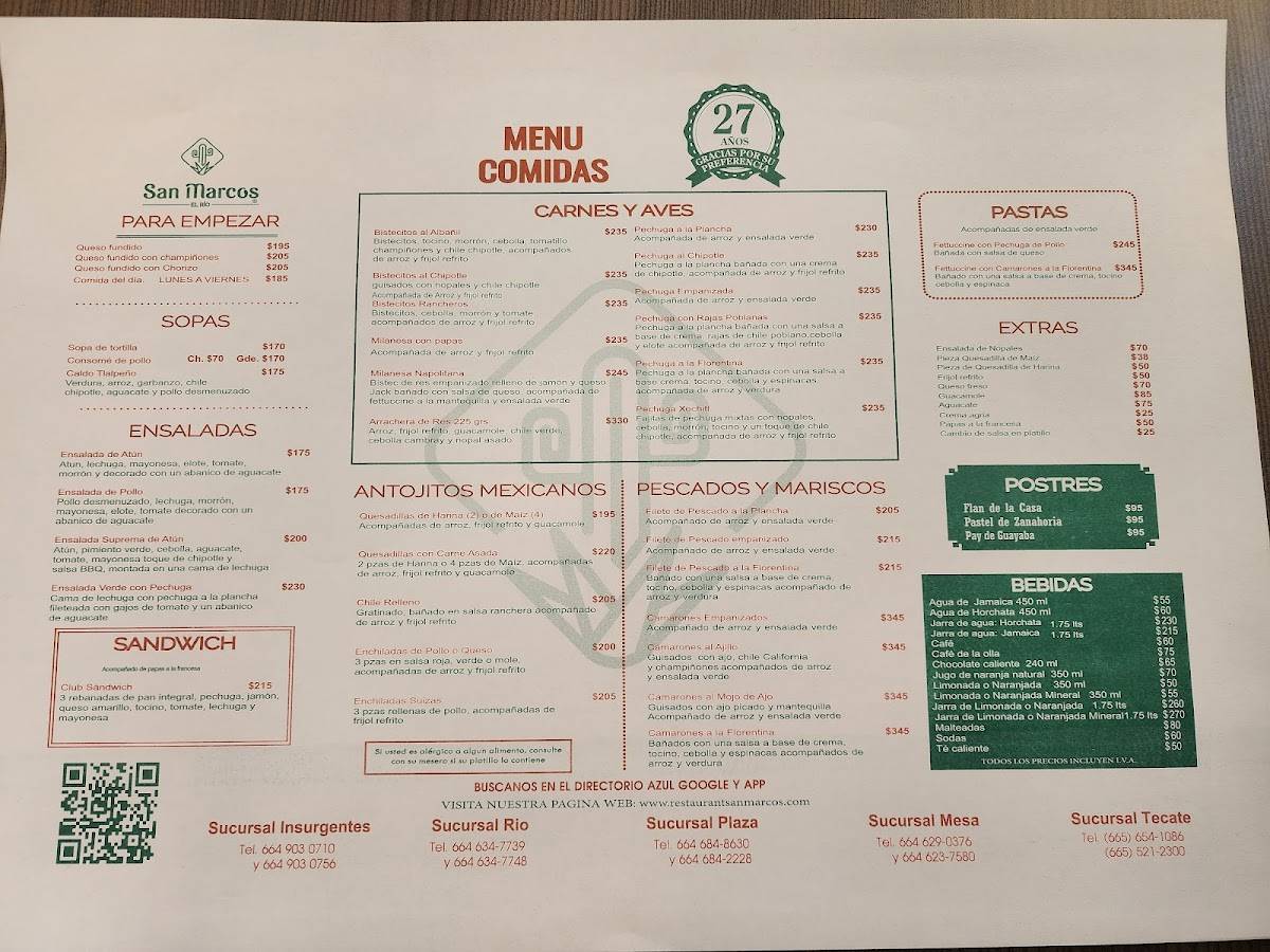 Carta de Restaurant San Marcos sucursal Plaza, Tijuana, Blvd ...