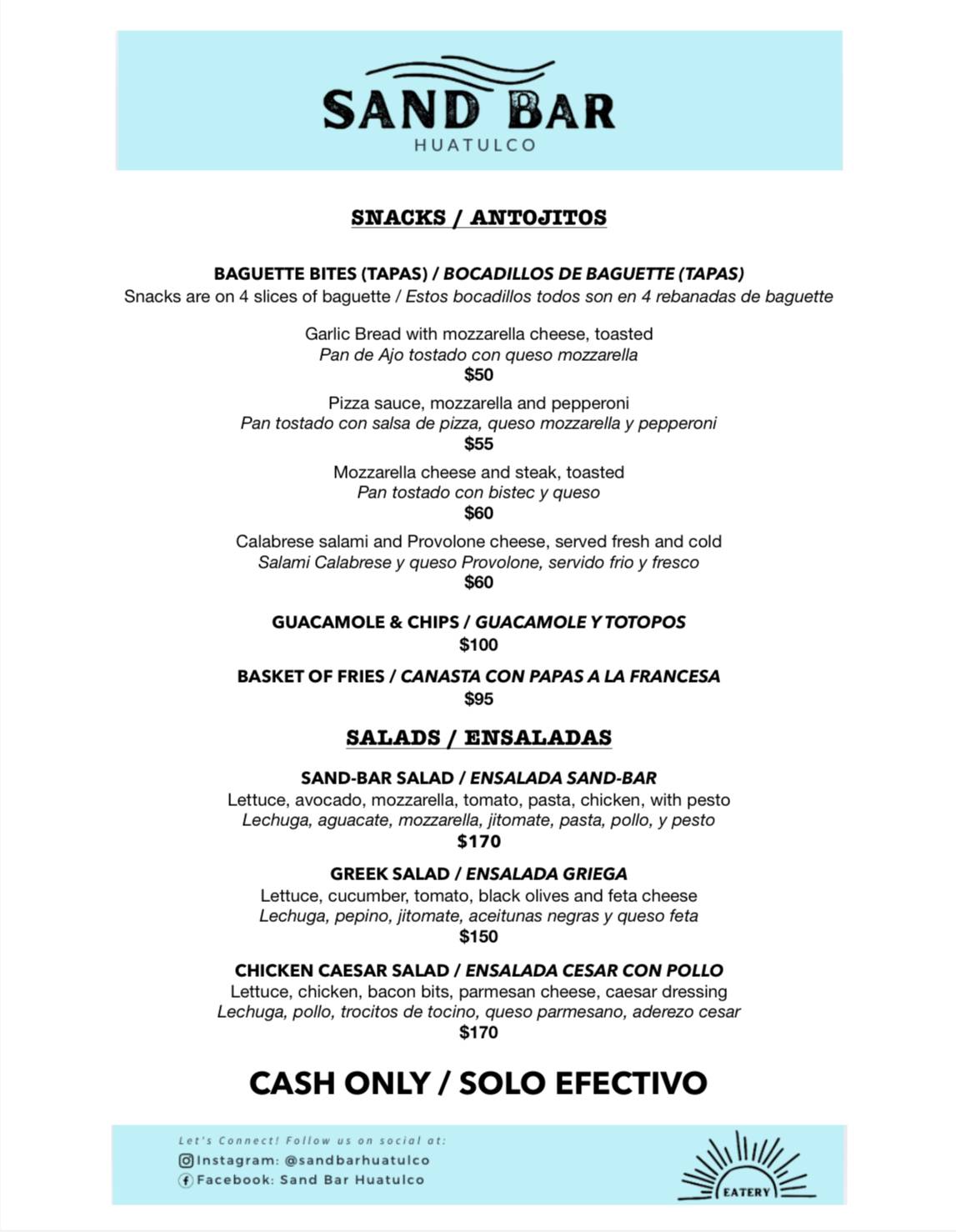 Menu at Sand Bar Huatulco, La Crucecita