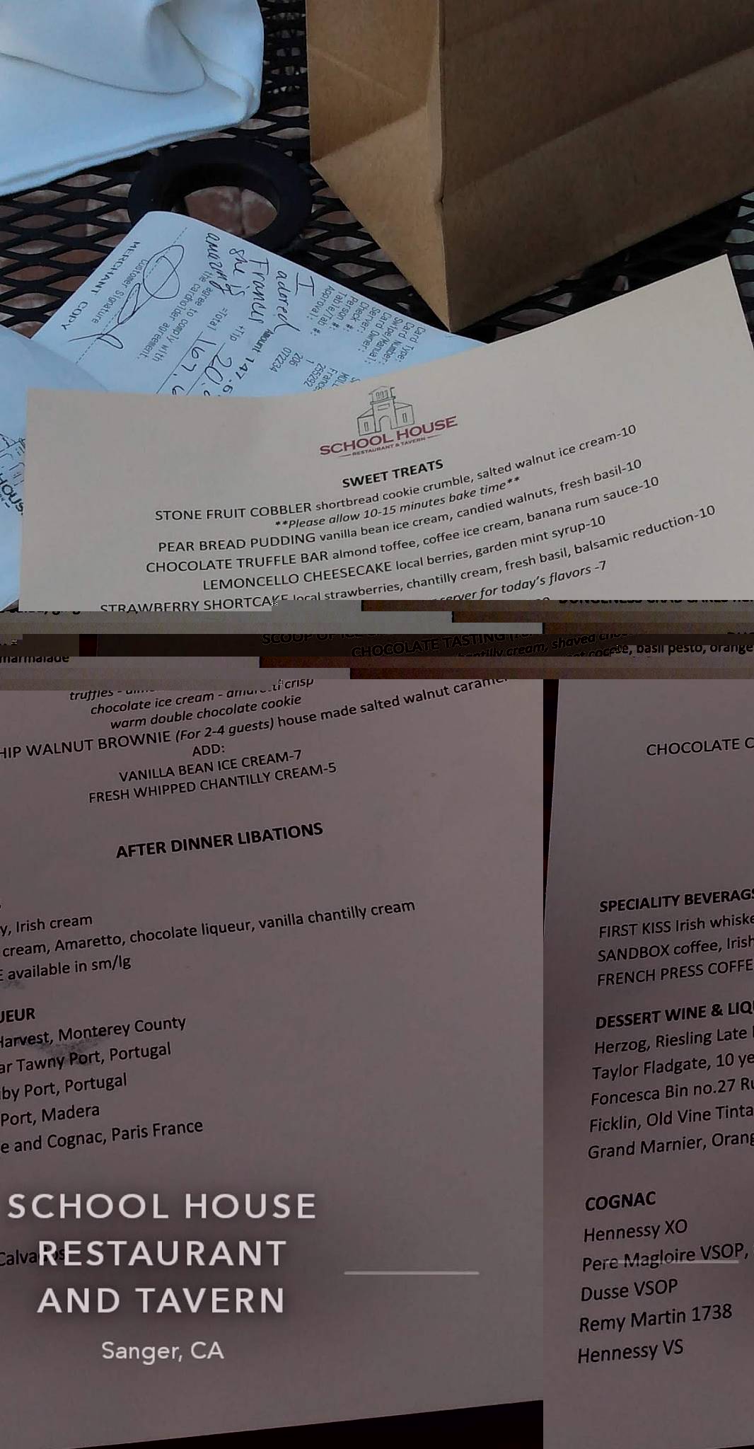 Menu at School House Restaurant & Tavern, USA, S Frankwood Ave