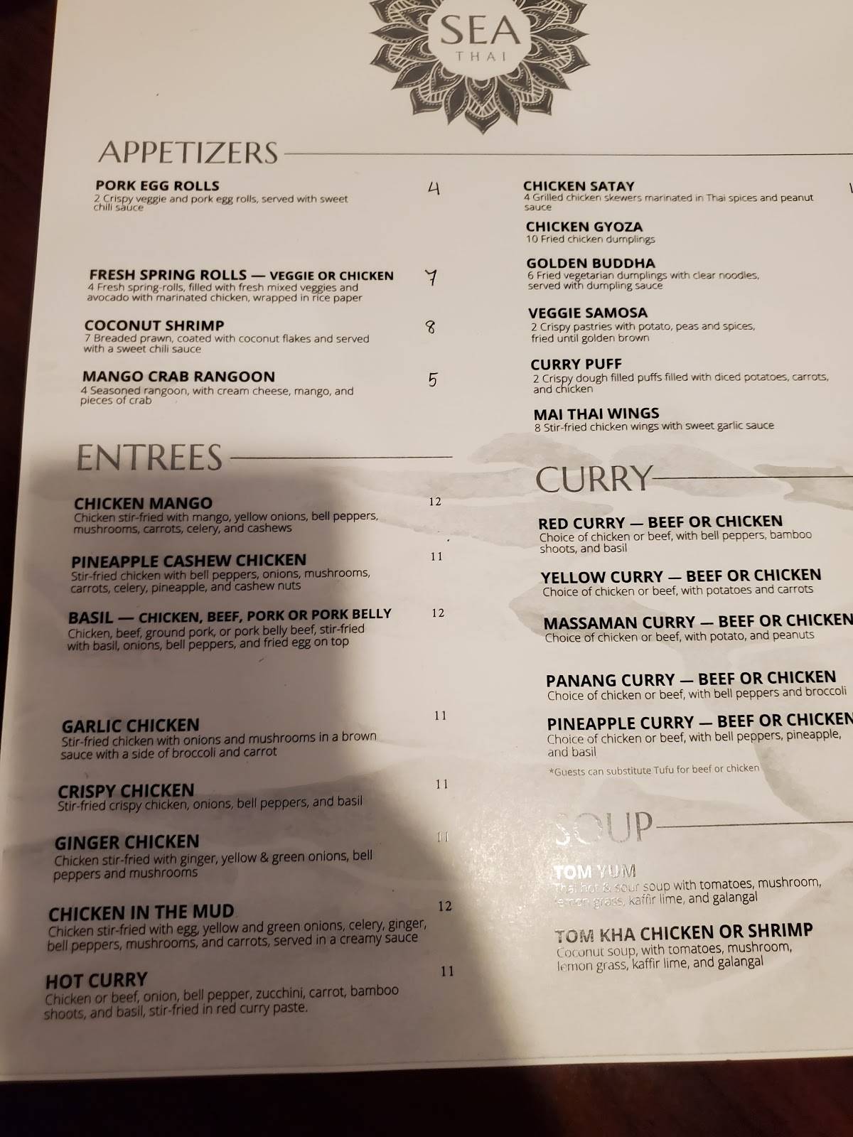 Menu at Sea Thai Omaha restaurant, Omaha