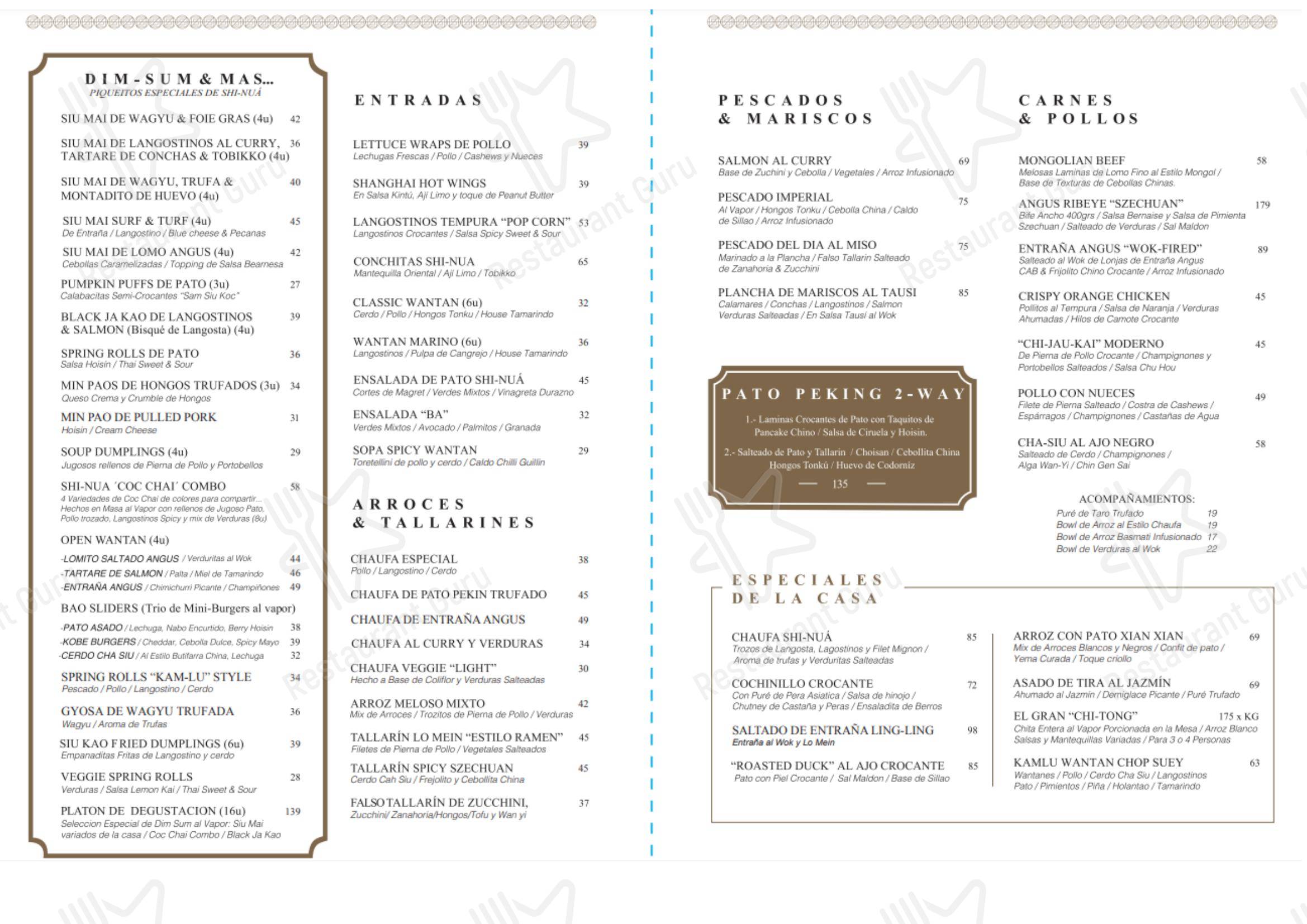 Carta del restaurante Shi-Nua, Lima