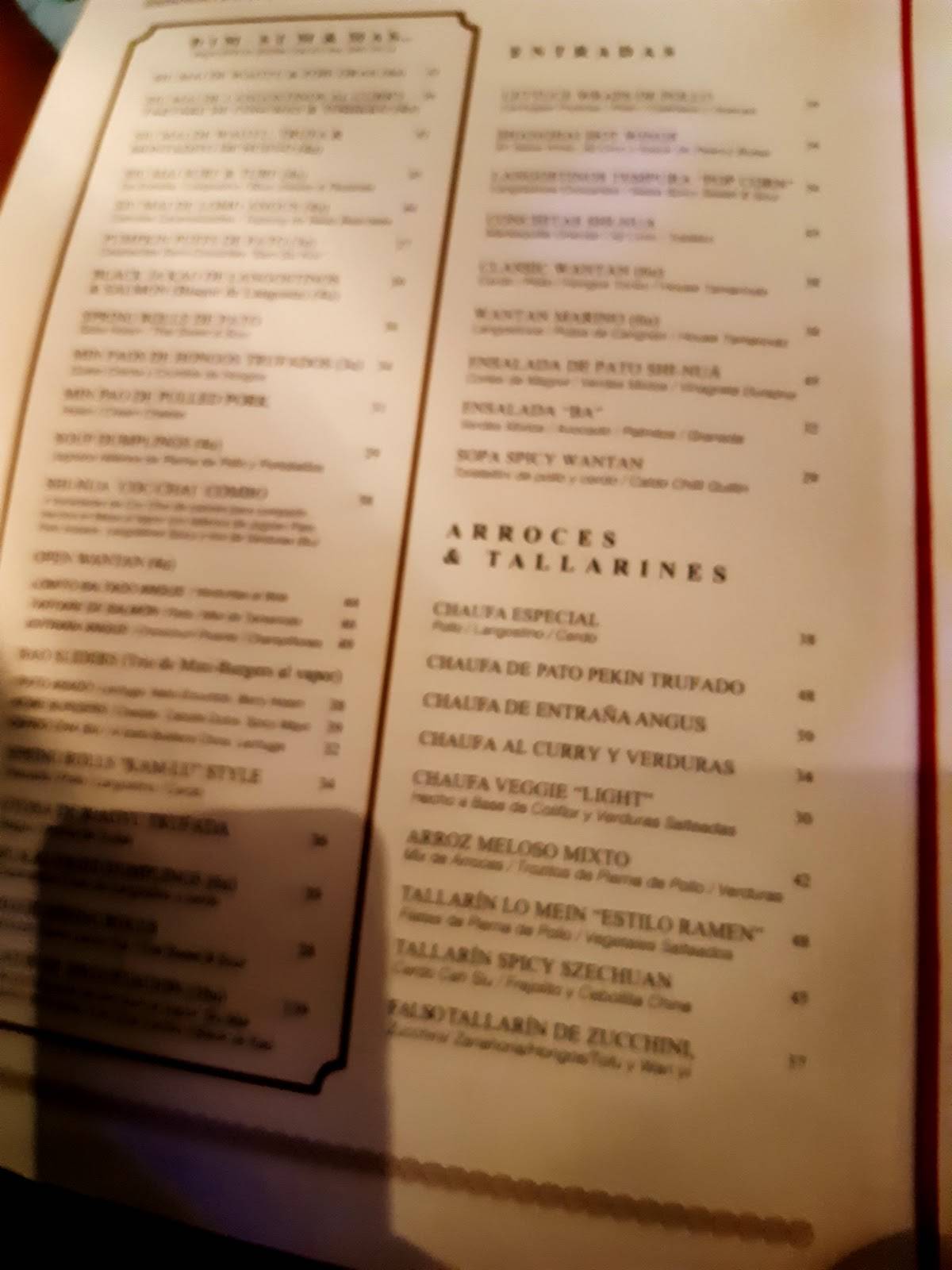 Carta del restaurante Shi-Nua, Lima