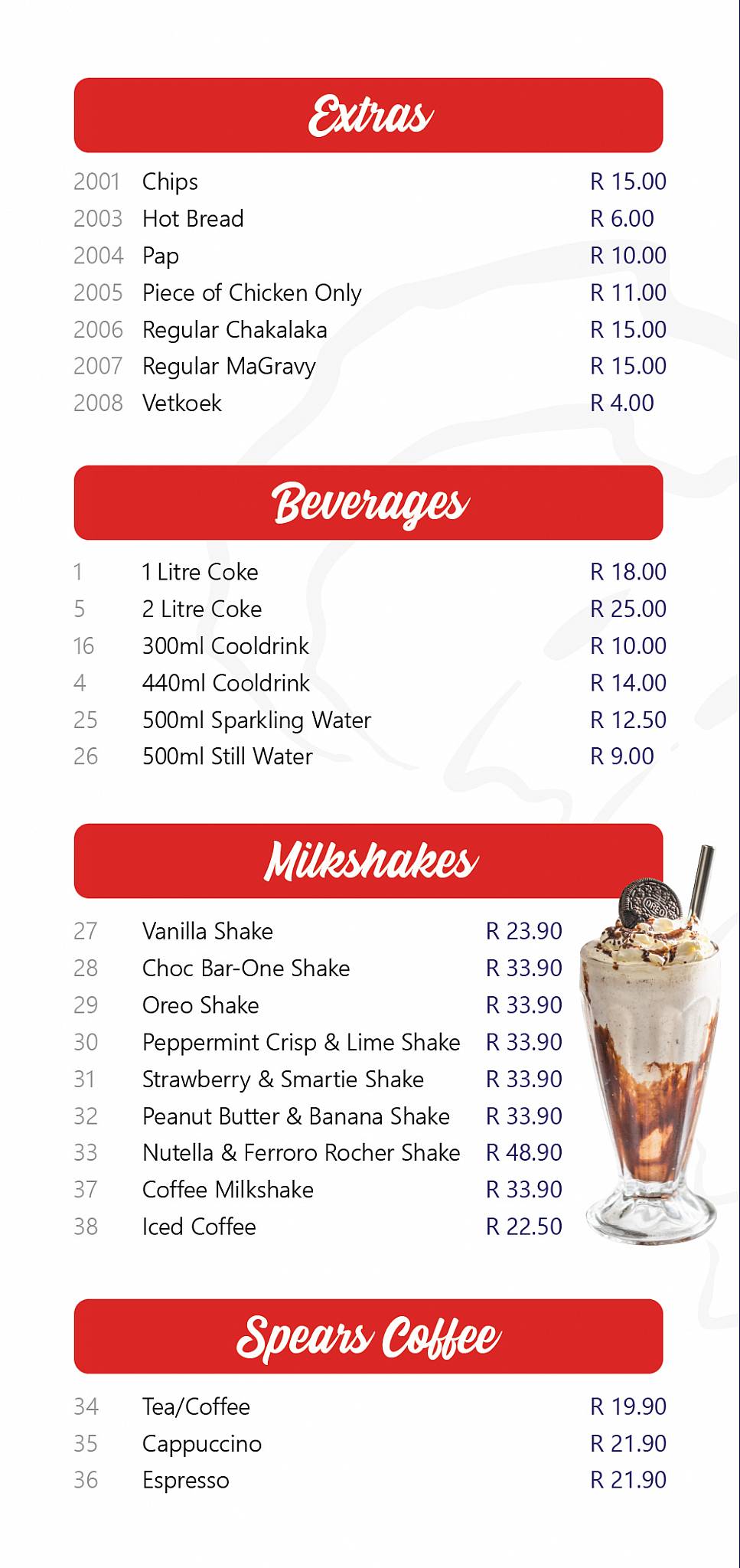 Menu at Spears Fried Chicken restaurant, Durban