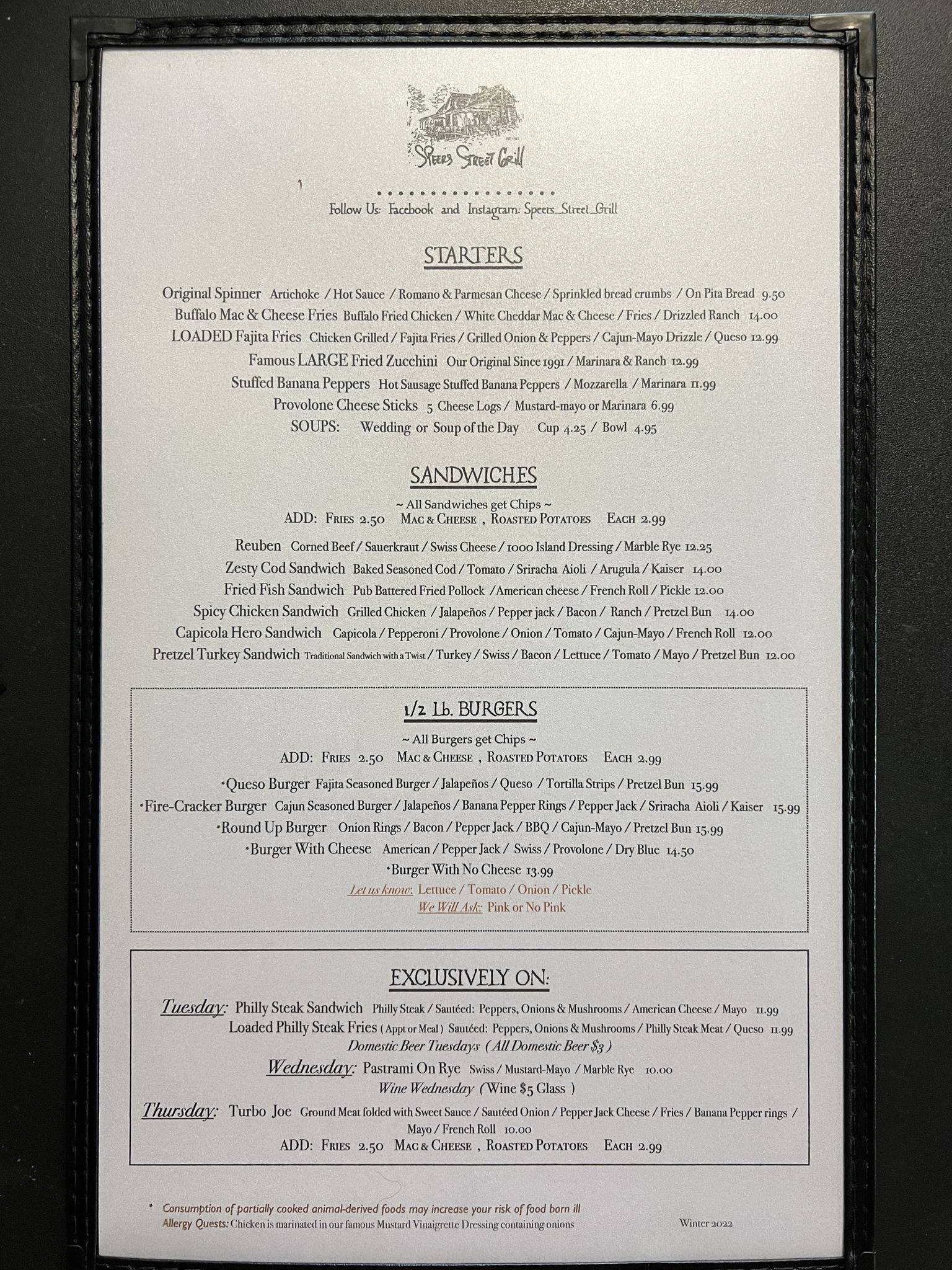 Menu at Speers Street Grill restaurant, Belle Vernon, 121 Speers Ave
