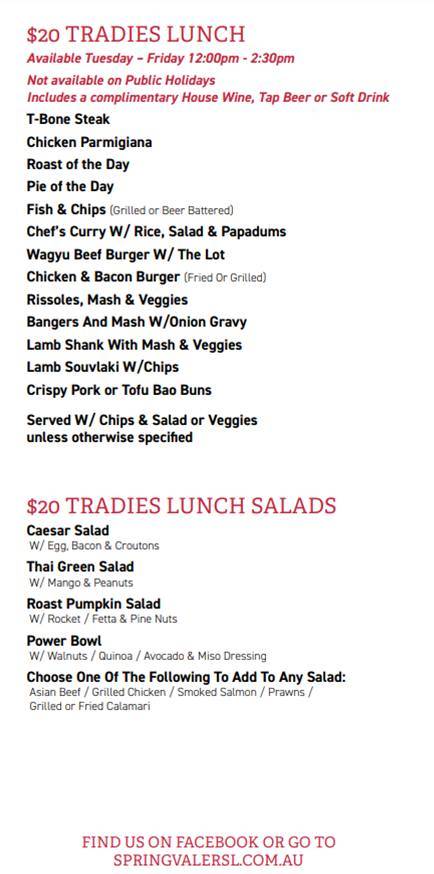 Menu at Springvale RSL restaurant, Springvale