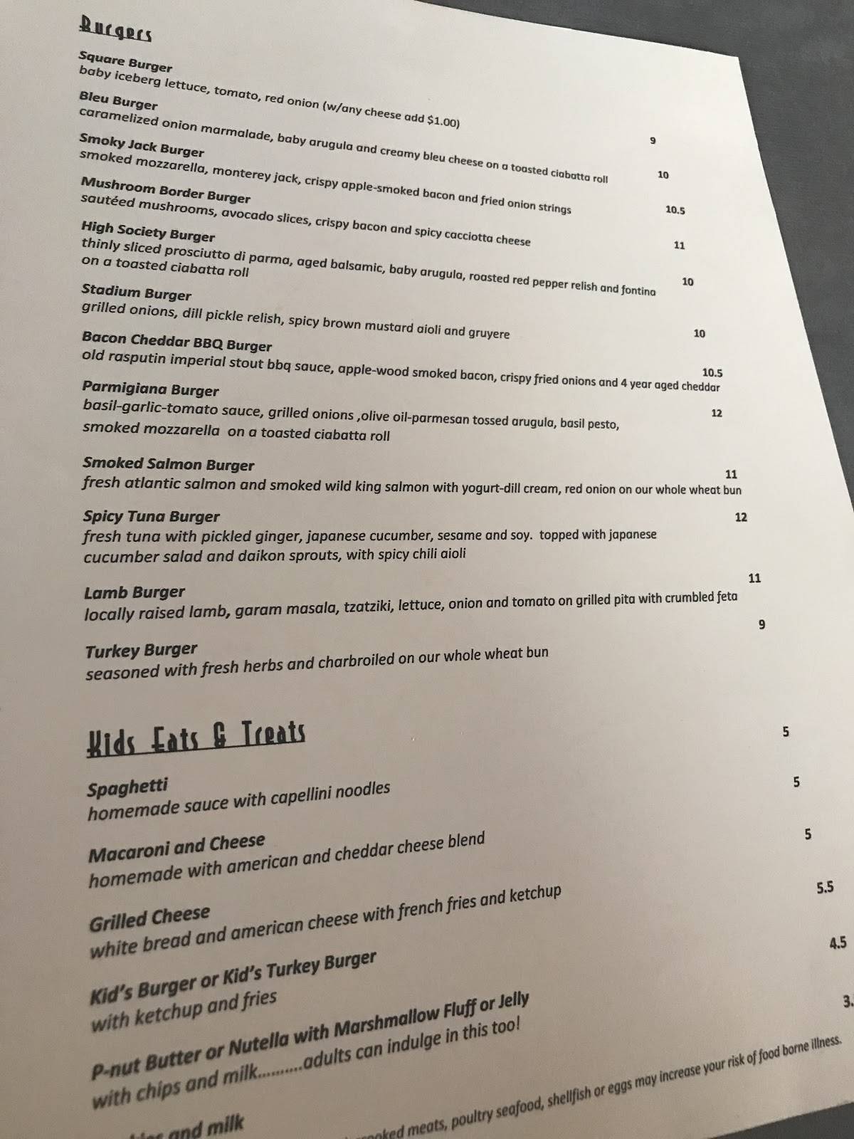 Menu at Square Burger restaurant, McKinney