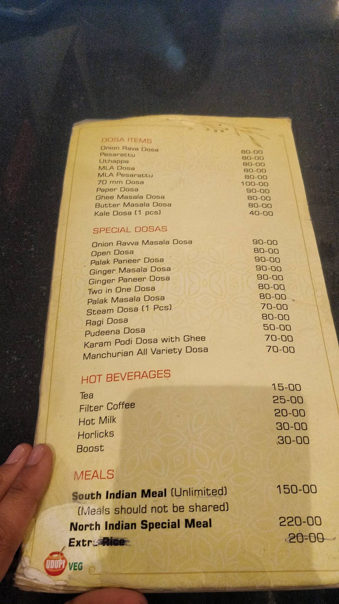 Menu at Sri Annapurna Udupi hotel, Ghatkesar