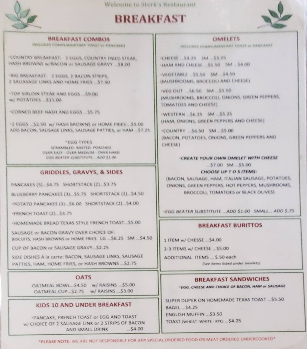 Menu at Sterk's Restaurant - Wakeman, OH, Wakeman