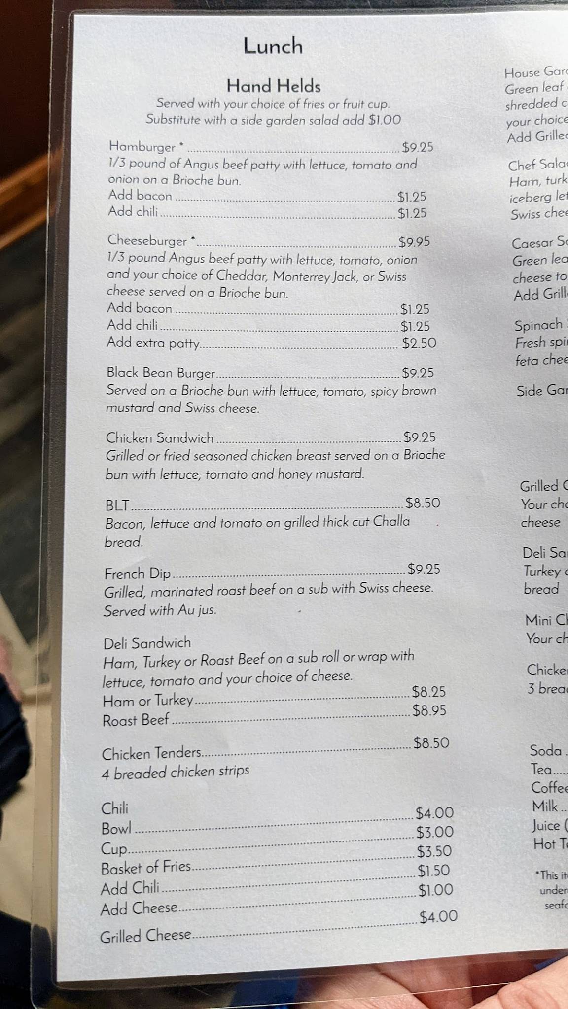 Menu at Strickland's restaurant, Seneca