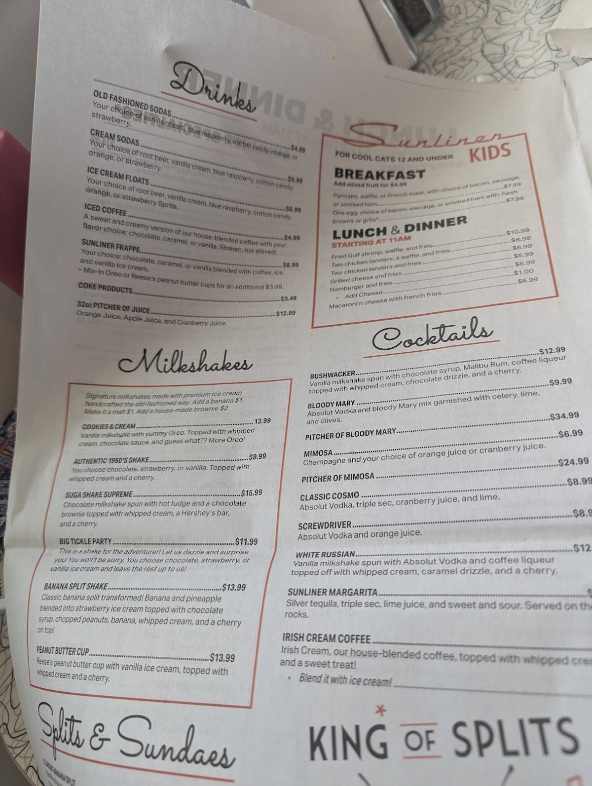 Menu at Sunliner Diner restaurant, Gulf Shores