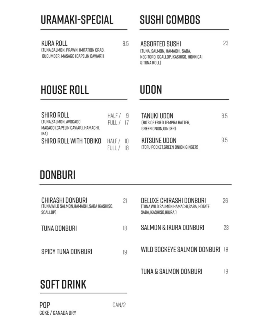 Menu at Sushi By Yuji restaurant, Vancouver