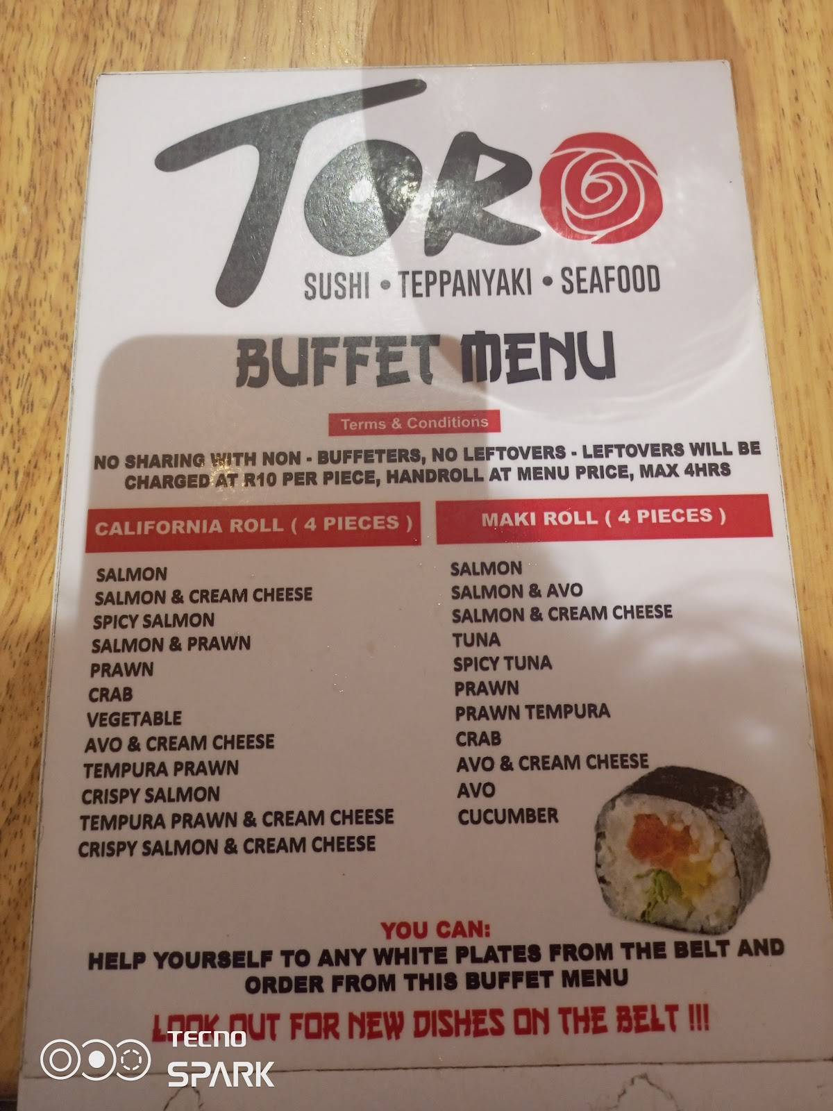 Menu at TORO Sushi, Teppanyaki & Seafood restaurant, Port Elizabeth