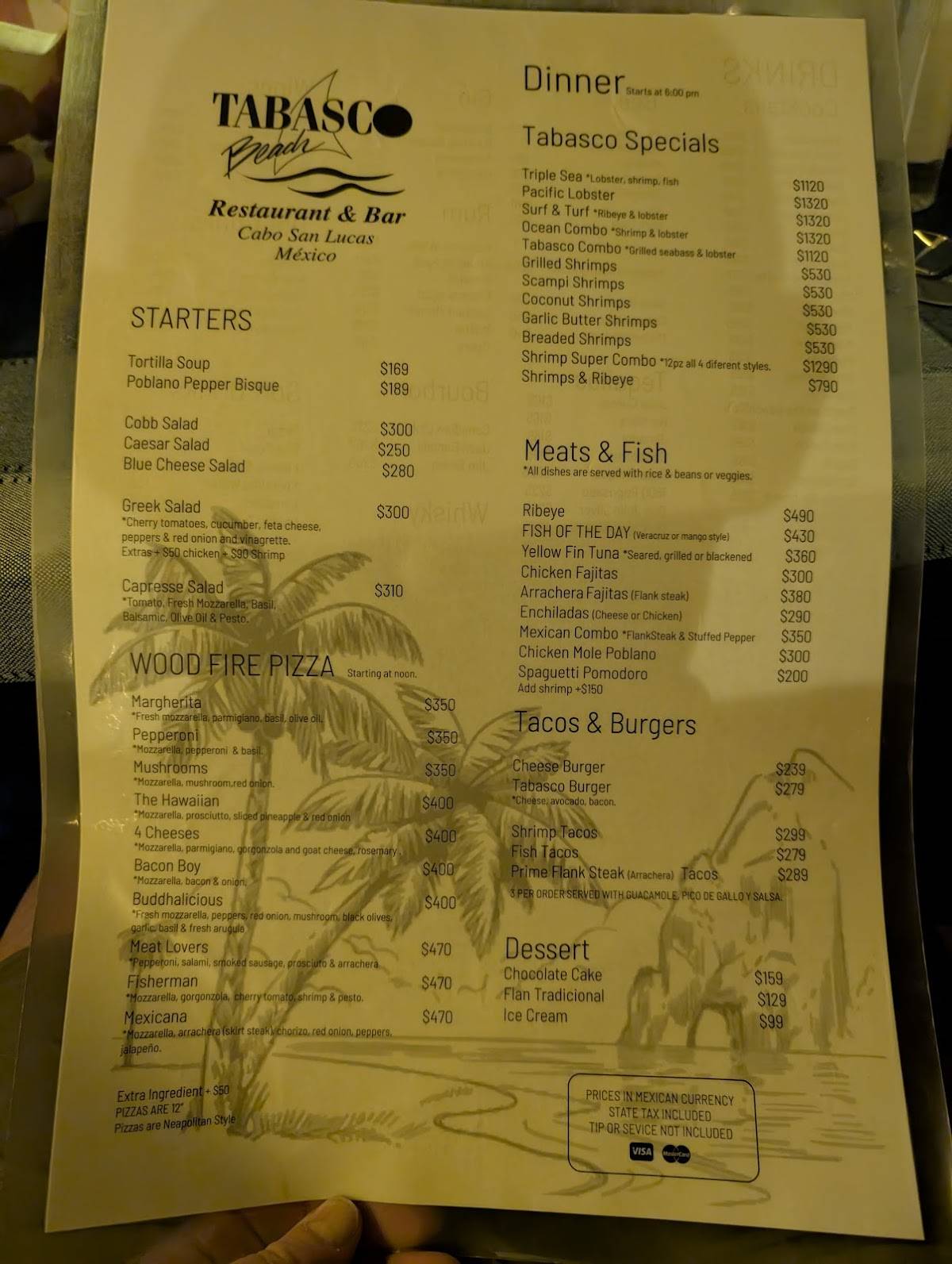 Menu at Tabasco Beach restaurant, Cabo San Lucas