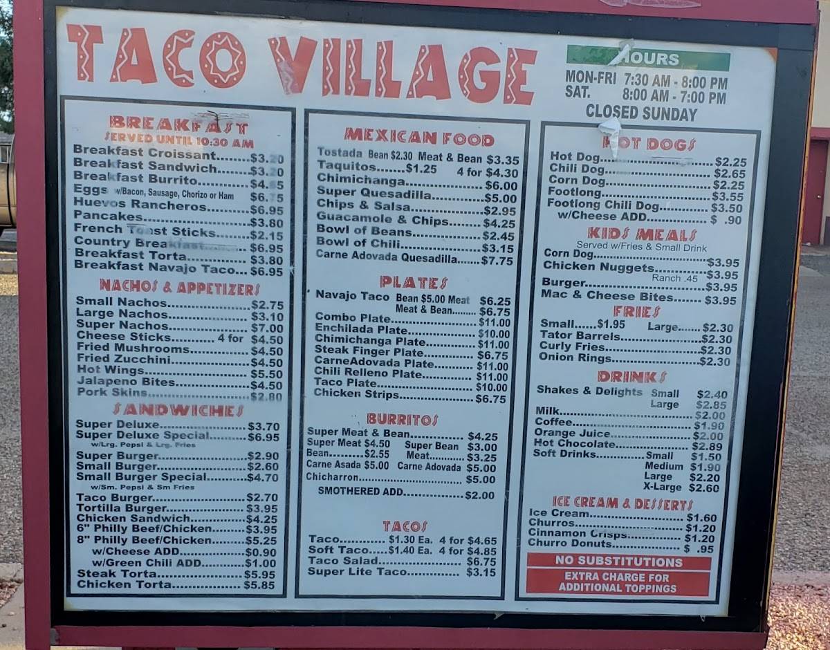 Menu at Taco Village restaurant, Grants, 700 Roosevelt Ave