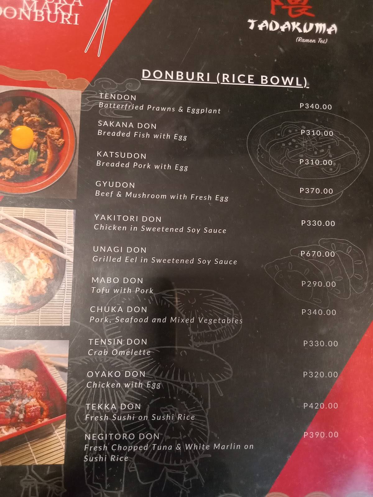 Menu at Tadakuma restaurant, Davao City, 3H5Q+G8J