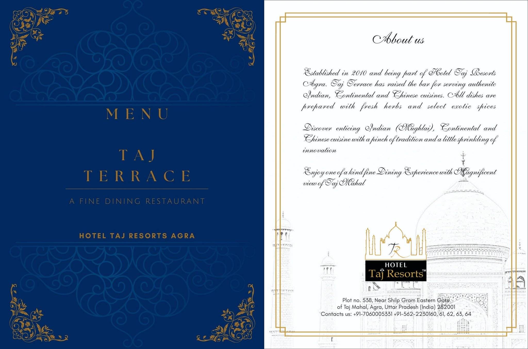 Menu at Taj Terrace, Agra, Hotel taj resorts