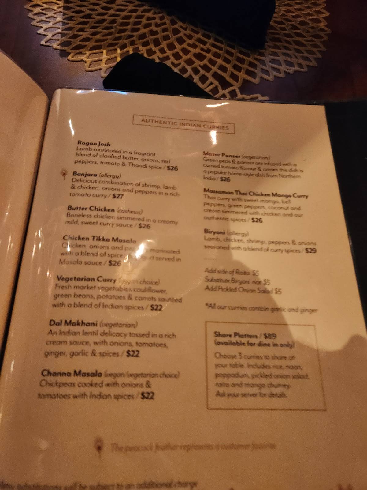 Menu at Thandi restaurant, Saint John
