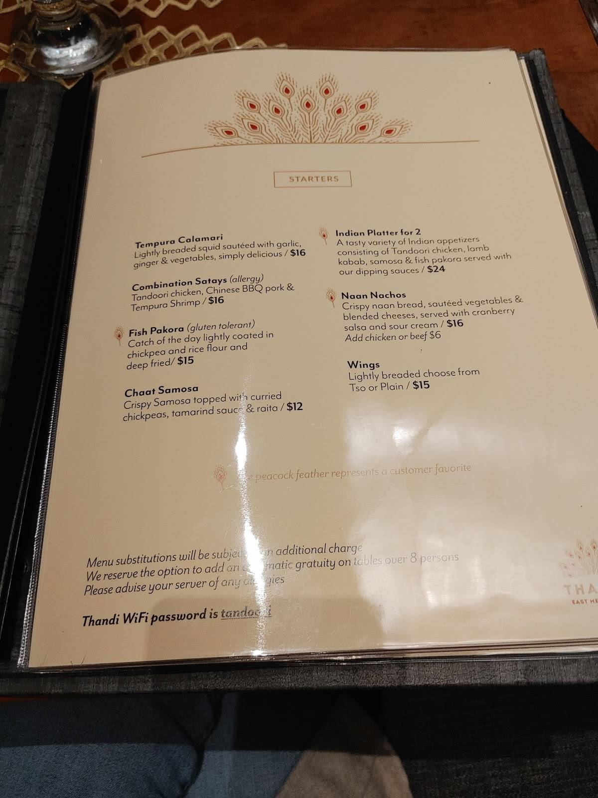 Menu at Thandi restaurant, Saint John