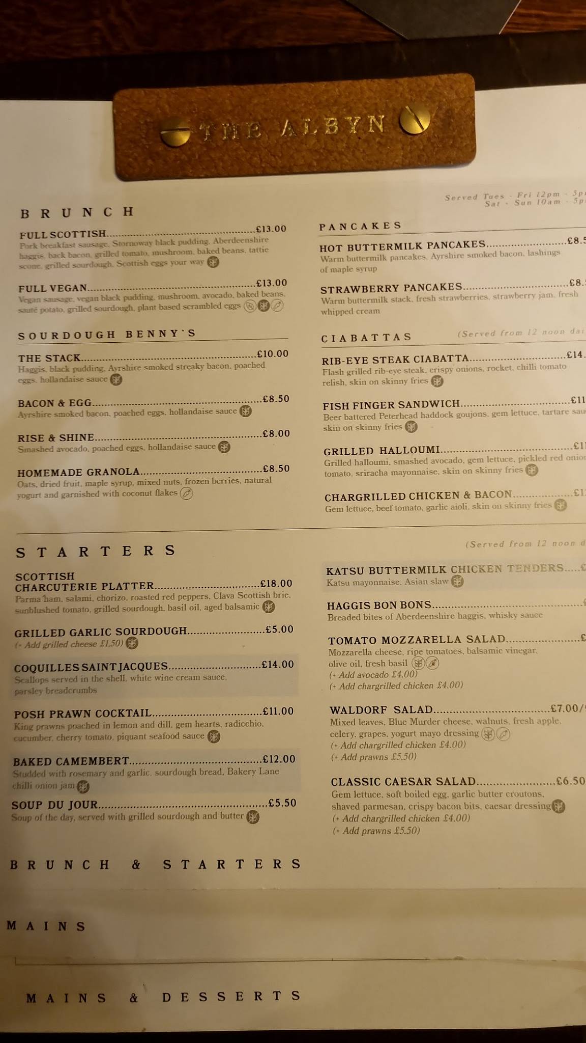 Menu at The Albyn restaurant, Aberdeen