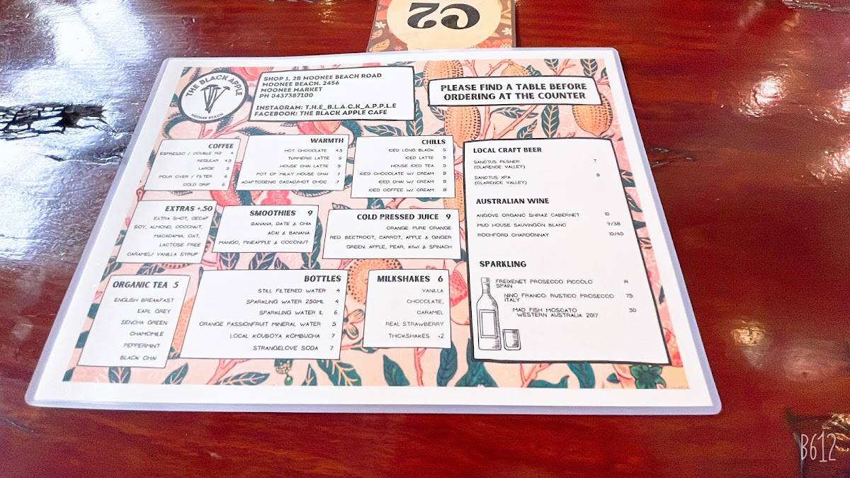 Menu at The Black Apple cafe, Moonee Beach
