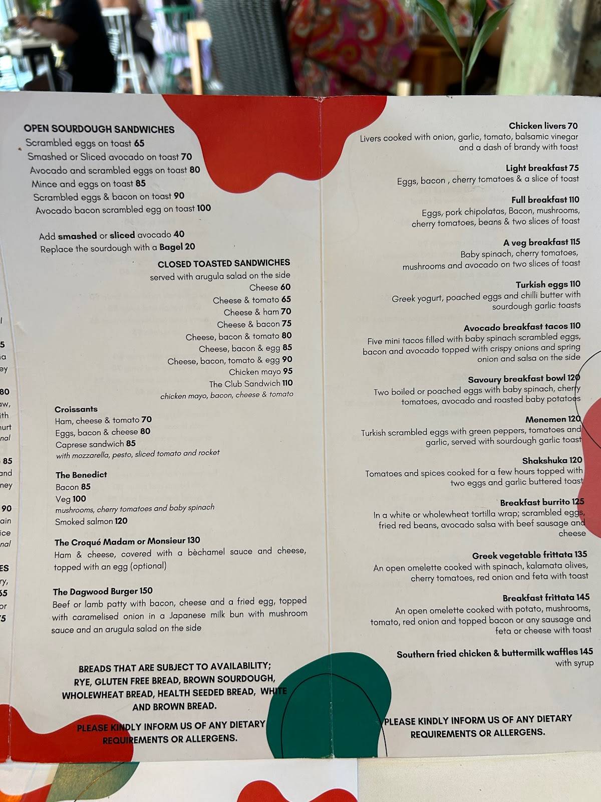 Menu at The Breakfast Room restaurant, Durban