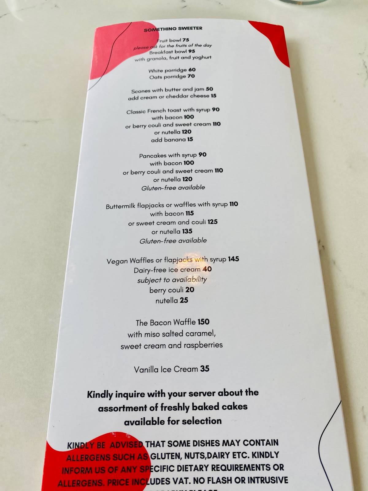 Menu at The Breakfast Room restaurant, Durban, 162 Mahatma Gandhi Rd
