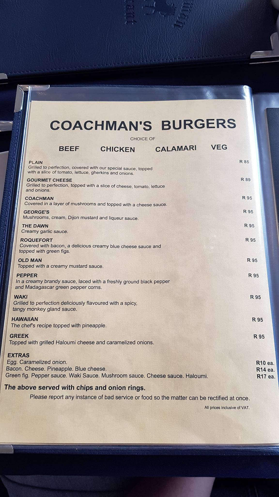 Menu at The Coachman Restaurant, Port Elizabeth, Brookes on the bay