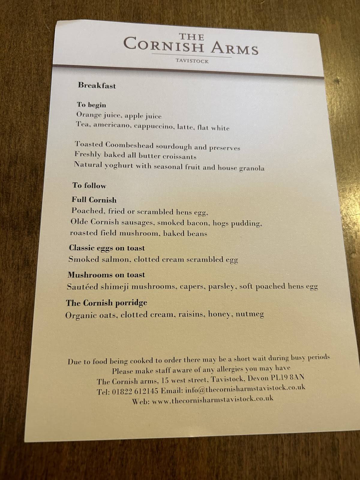 Menu at The Cornish Arms restaurant, Padstow