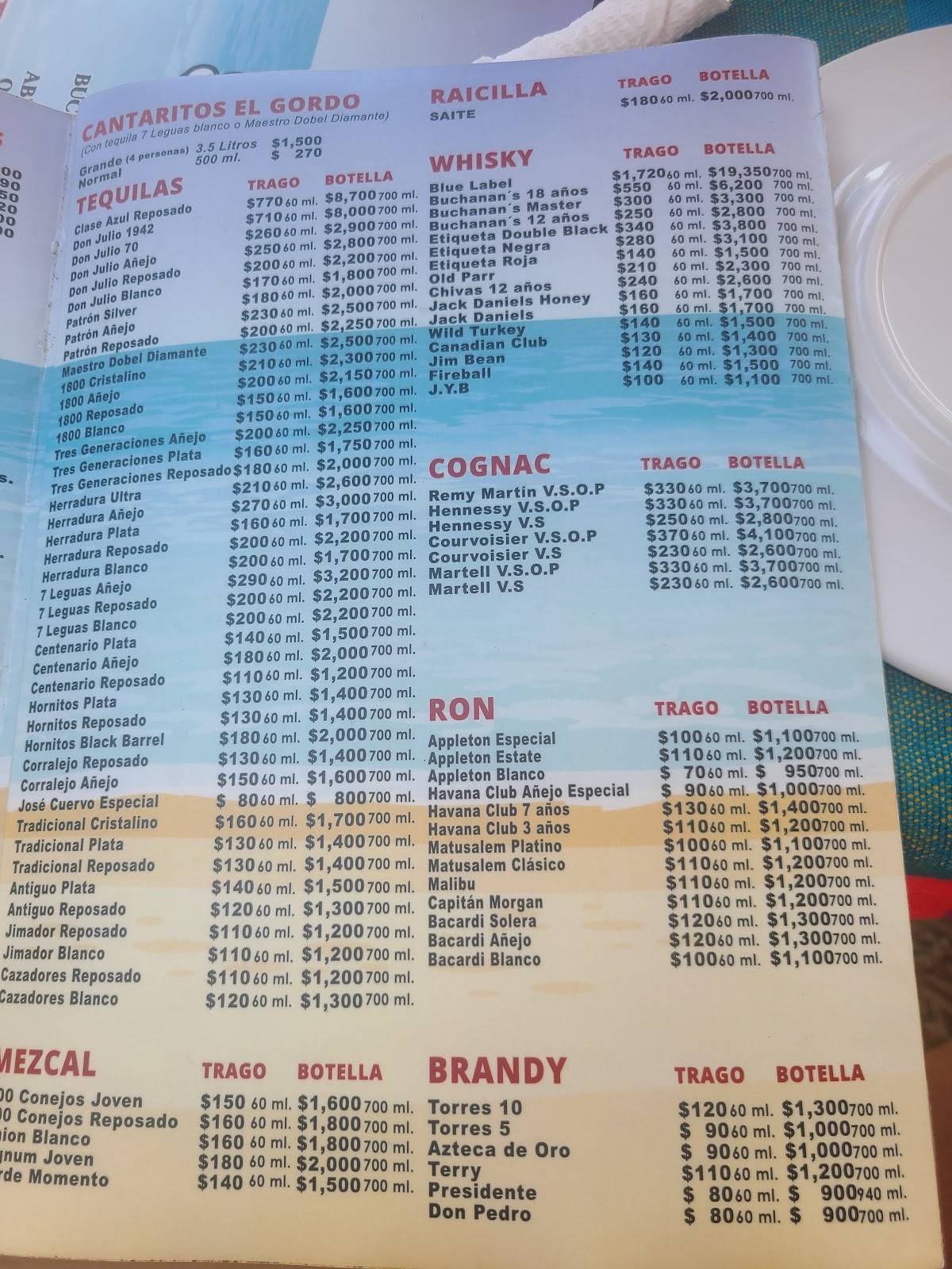 Menu at The Fat Boy Seafood restaurant, Bucerías