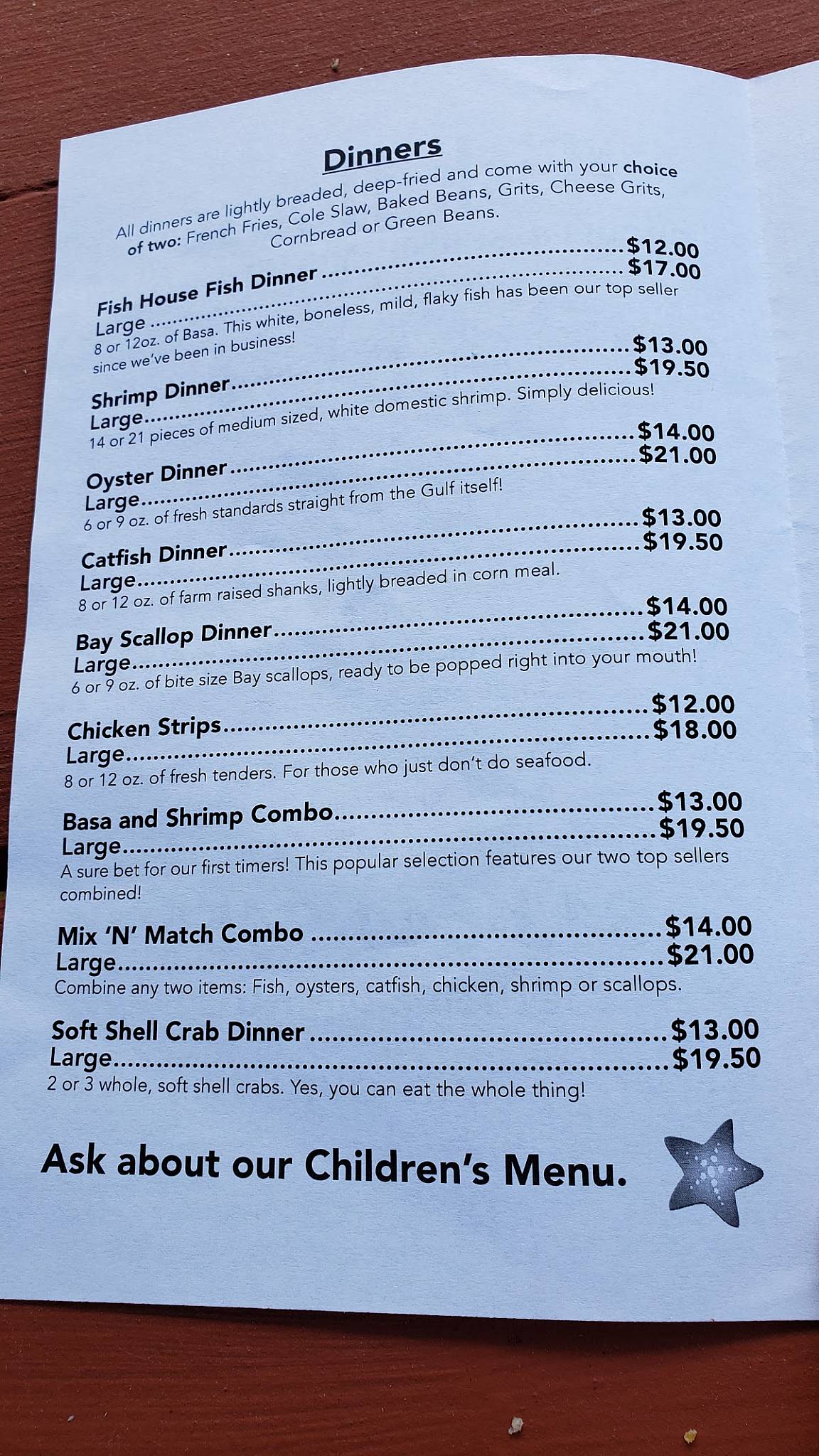 Menu at The Fish House restaurant, Ruskin, W Shell Point Rd